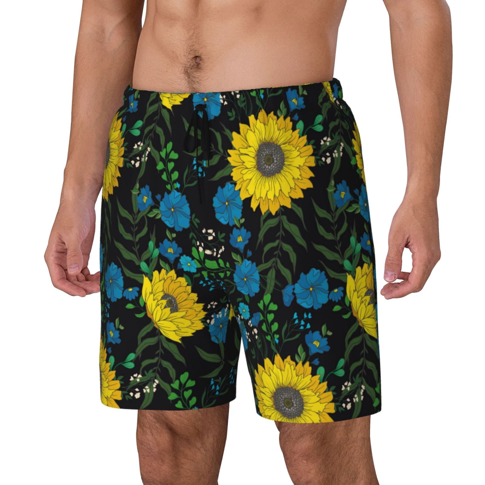 Fuzoiu Sunflowers And Blue Flower Print Men's Swim Shorts,Quick-Dry ...