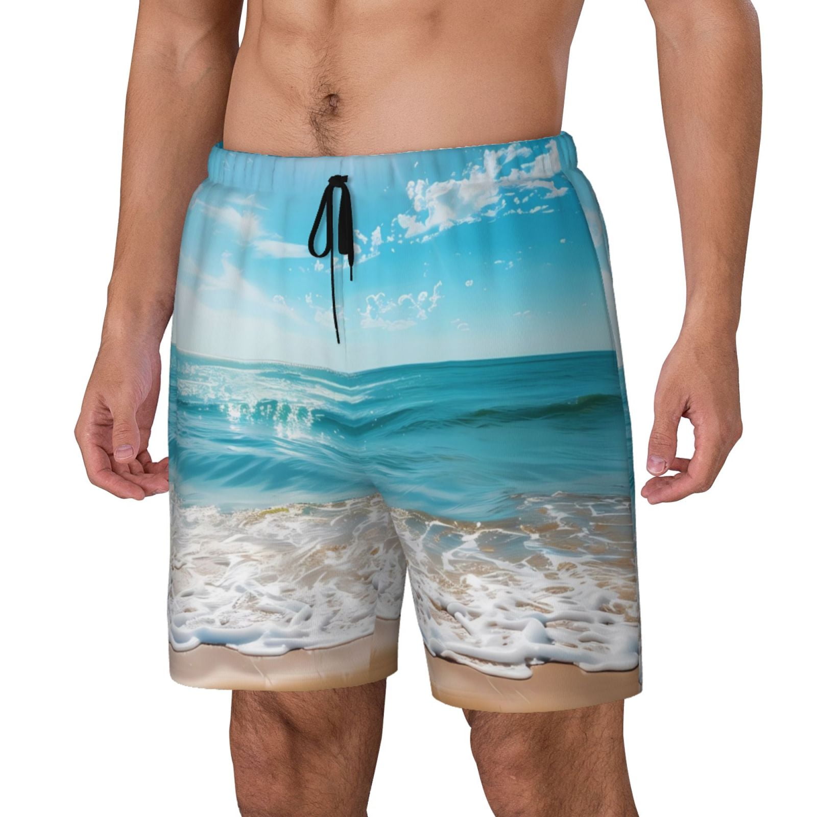 Fuzoiu Sunny Ocean Waves Print Men's Swim Shorts,Quick-Dry Double-Layer ...