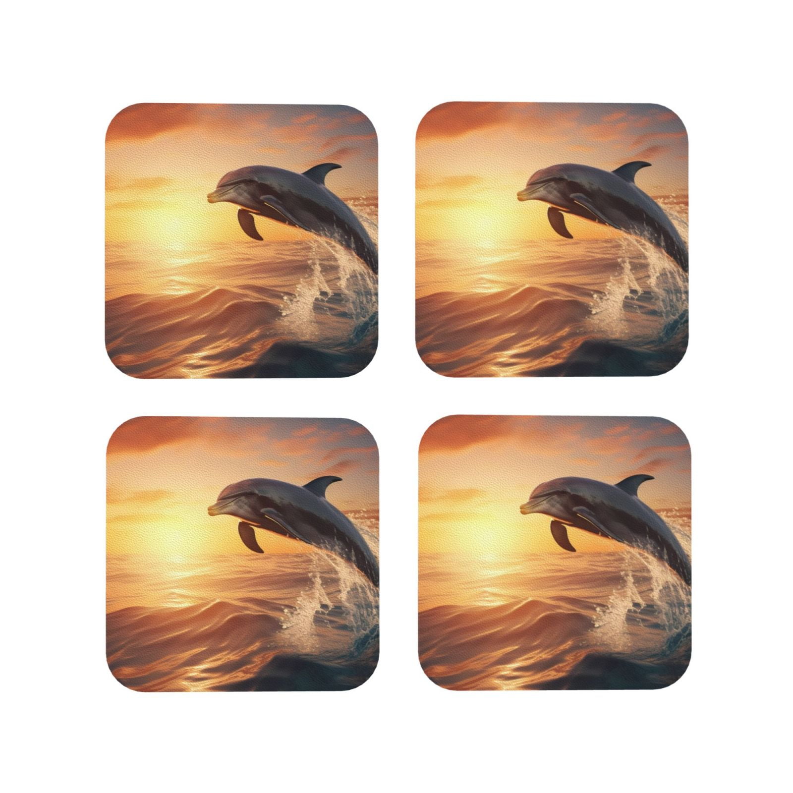 Fuzoiu Sunset Dancing Dolphin A Print Leather Coasters Set,Drink ...