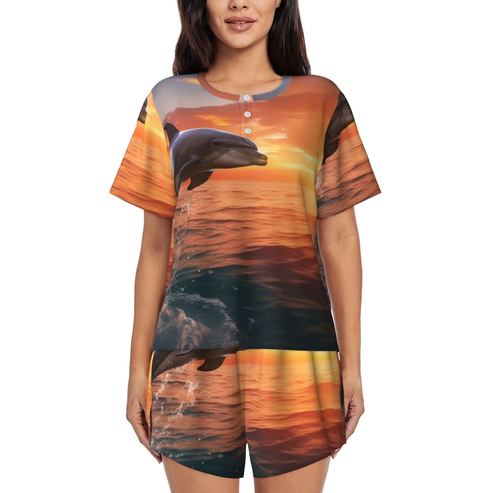 Fuzoiu Sunset Dancing Dolphin B Print Women's Short-Sleeved Pajama Set ...