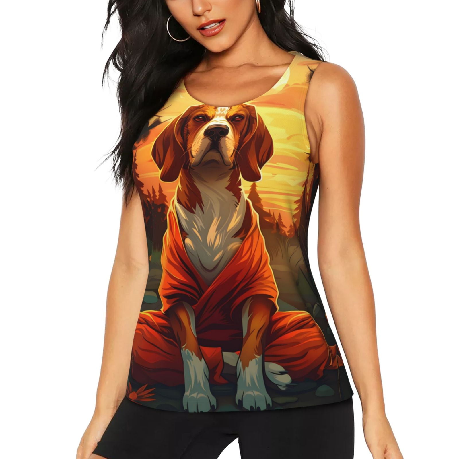 Fuzoiu Sunset Meditating Dog Print Women's Workout Tank Top,Athletic ...