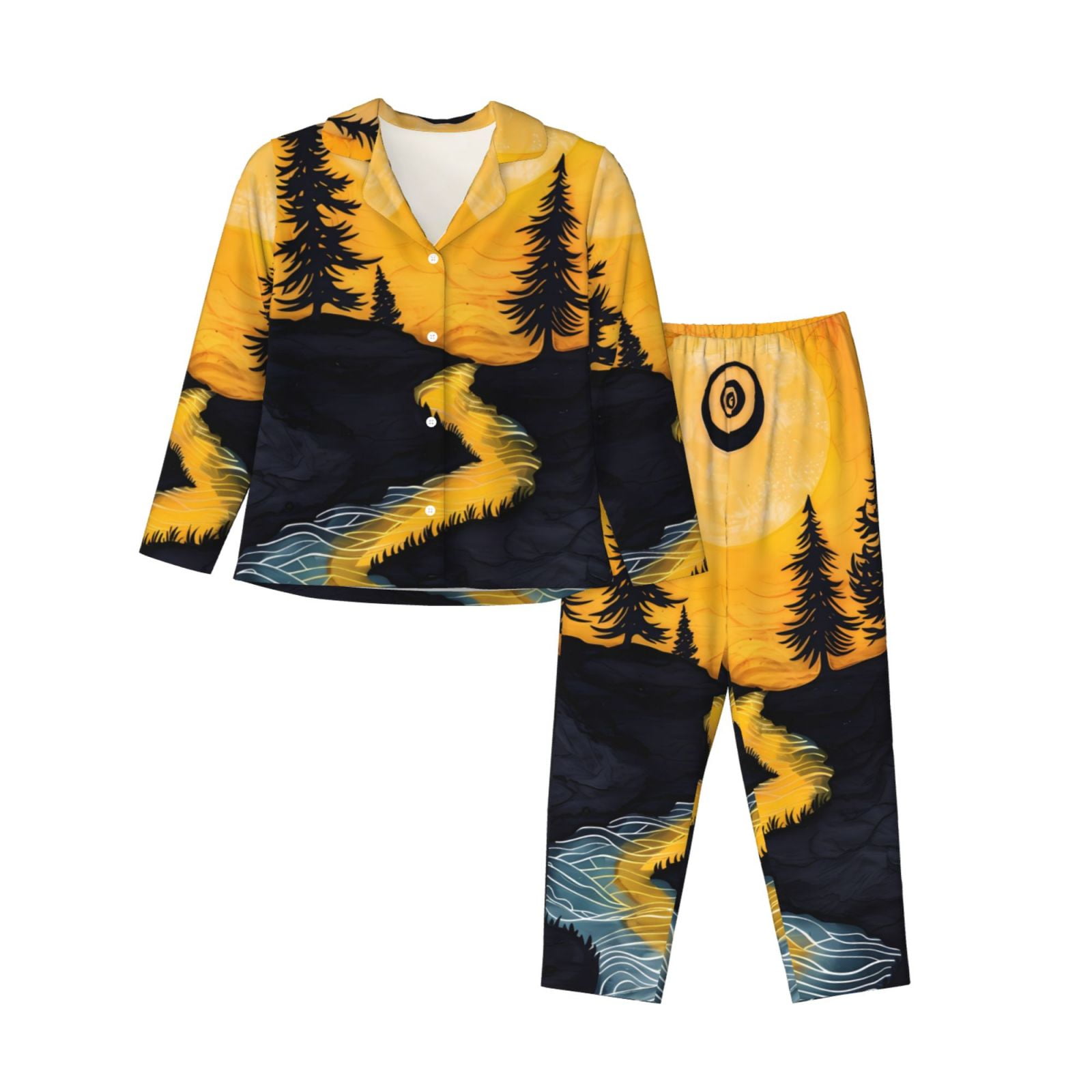 Fuzoiu Sunset River Pine Trees Print Women's Long-Sleeved Pajama,Lounge ...
