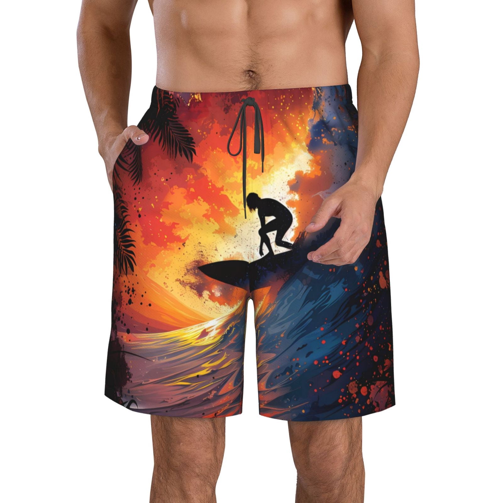 Fuzoiu Sunset Surfing Silhouette Print Men's Beach Shorts,Men's Swim ...