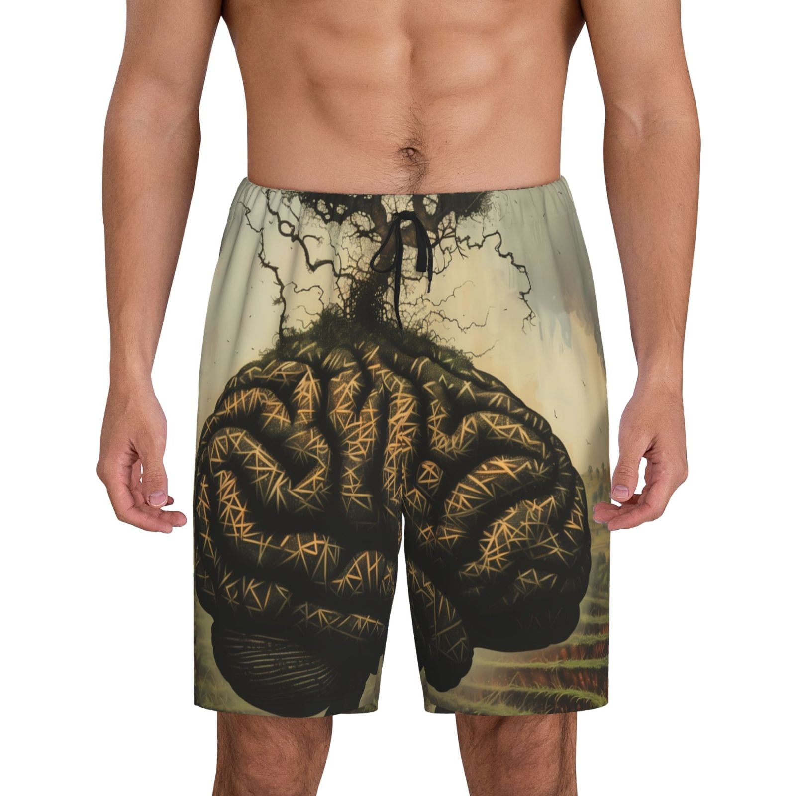 Fuzoiu Surreal Brain Tree Print Pajama Shorts for Men, Men's Pajama ...