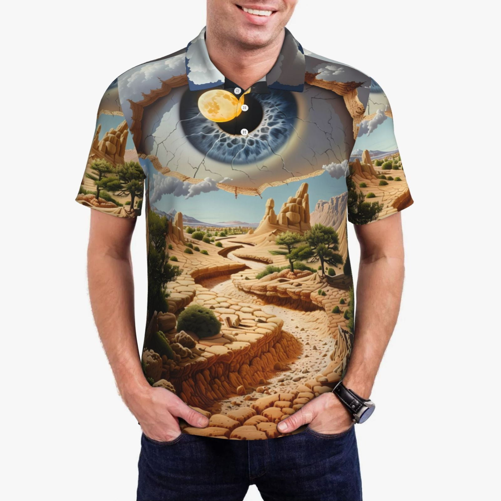 Fuzoiu Surreal Desert Eye Landscape Print Men's Polo Shirts Short ...
