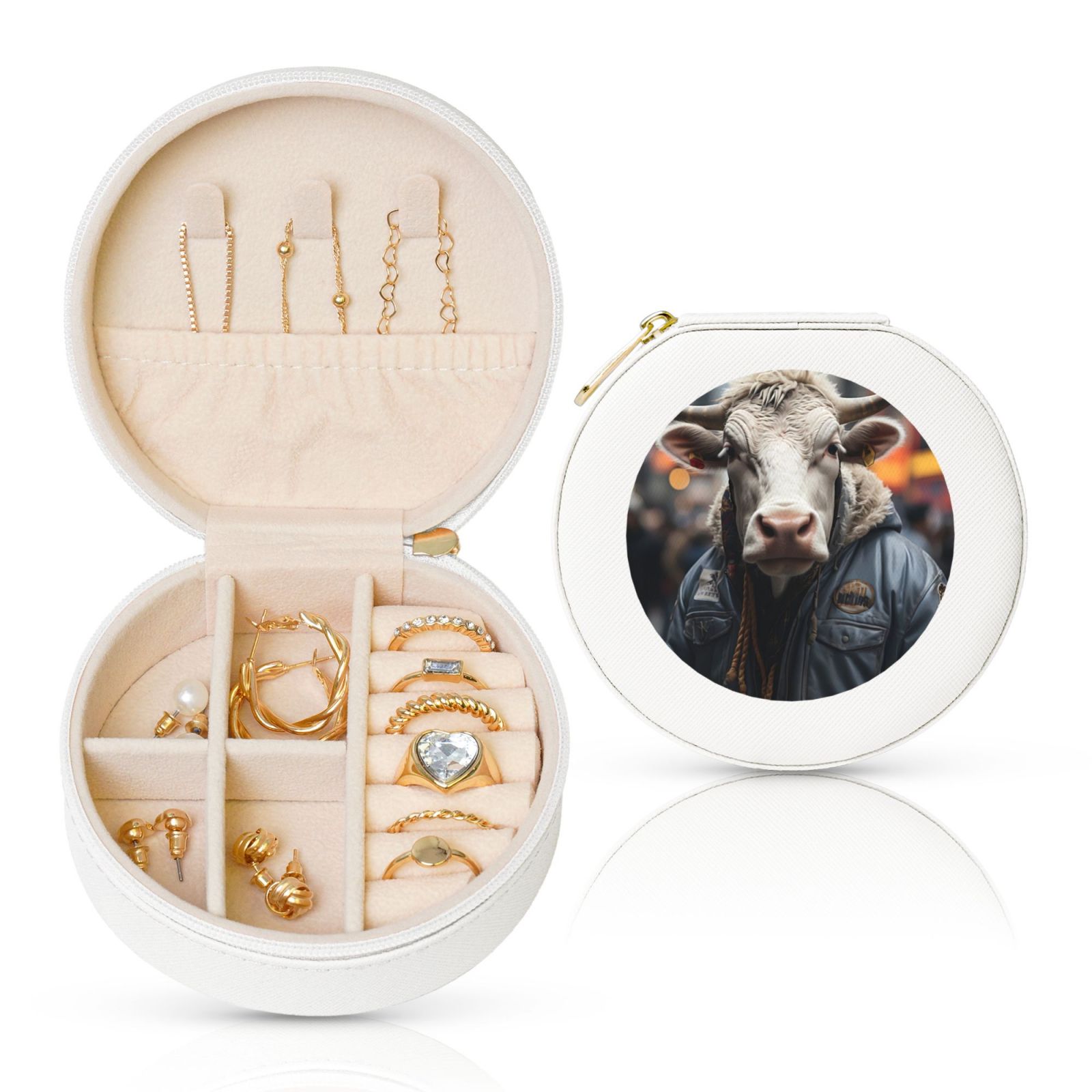 Fuzoiu Surrealist Cow Print Portable Jewelry Box,Round Mini Leather ...