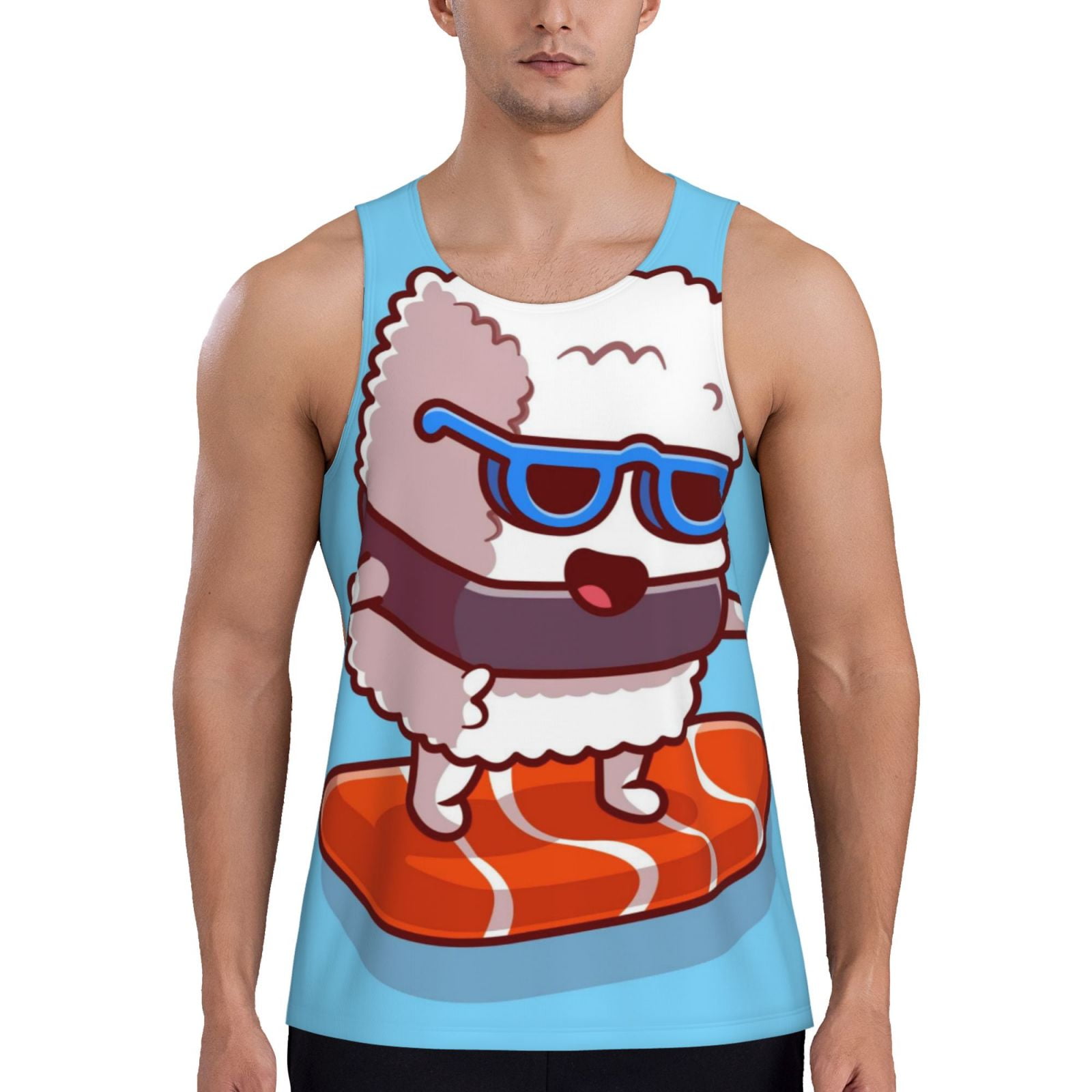 Fuzoiu Sushi Salmon Surfing Print Men's Workout Tank Tops,Sleeveless ...