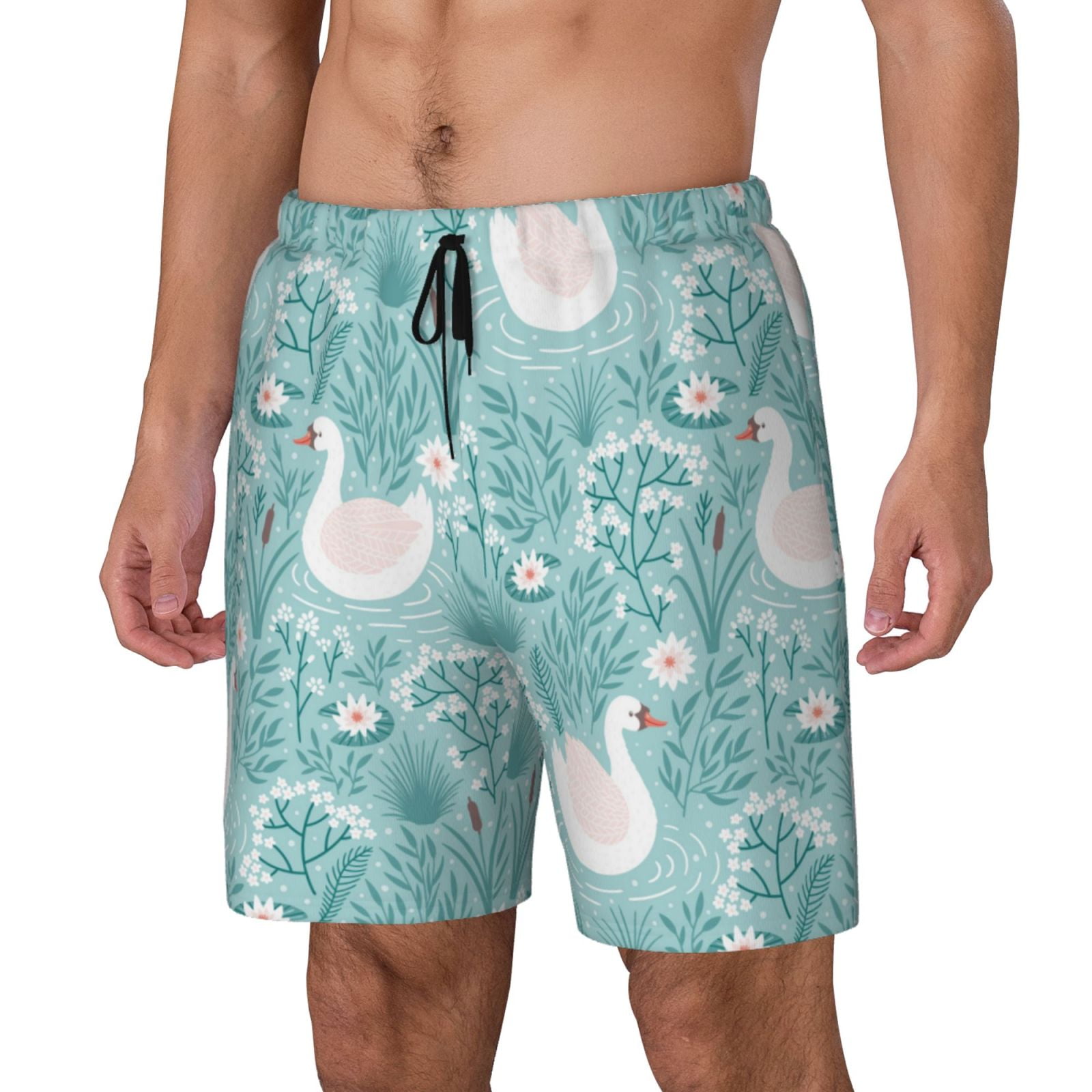 Fuzoiu Swan And Flowers4 Print Men's Swim Shorts,Quick-Dry Double-Layer ...