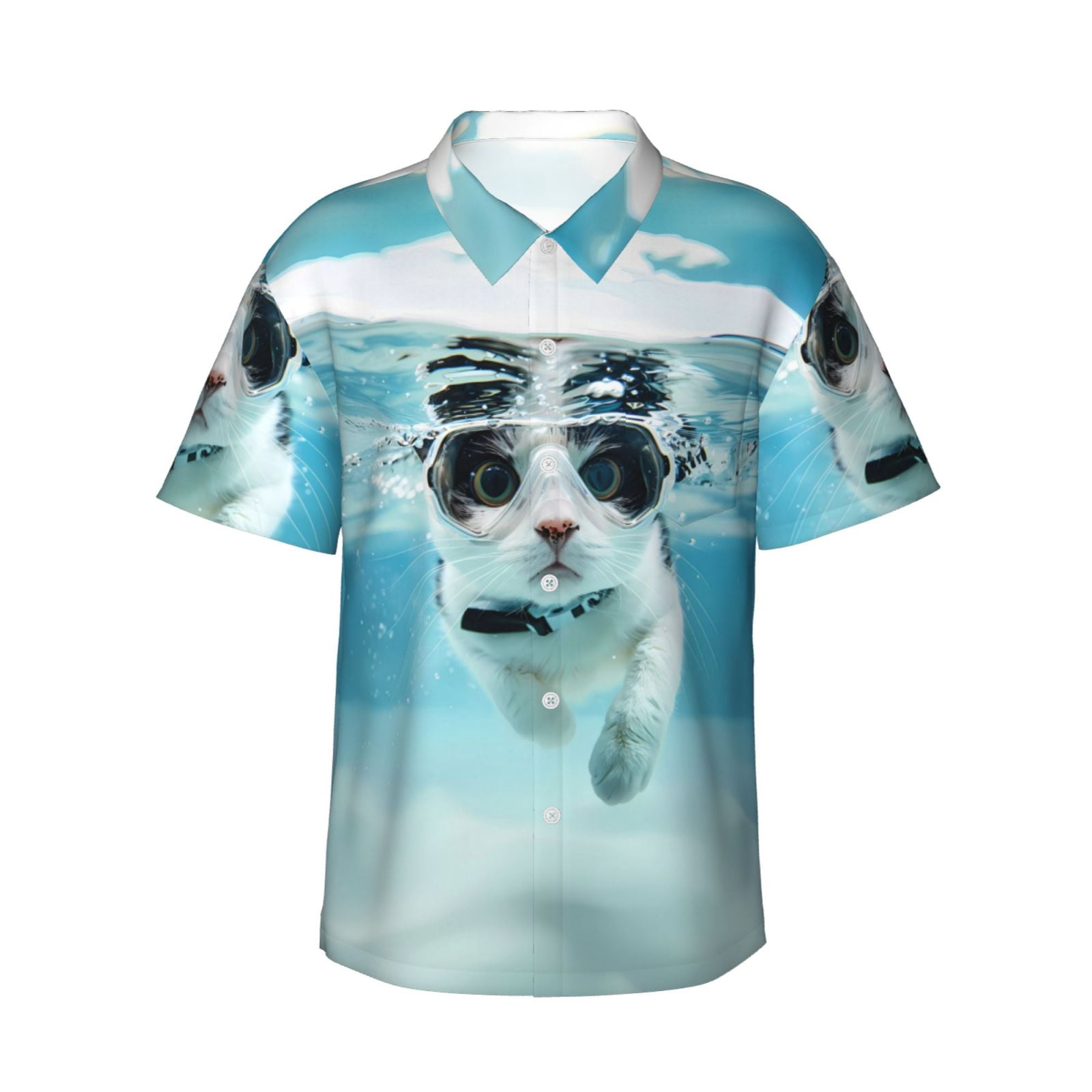 Fuzoiu Swimming Cat Goggles Print Hawaiian Shirt for Men, Summer Beach ...