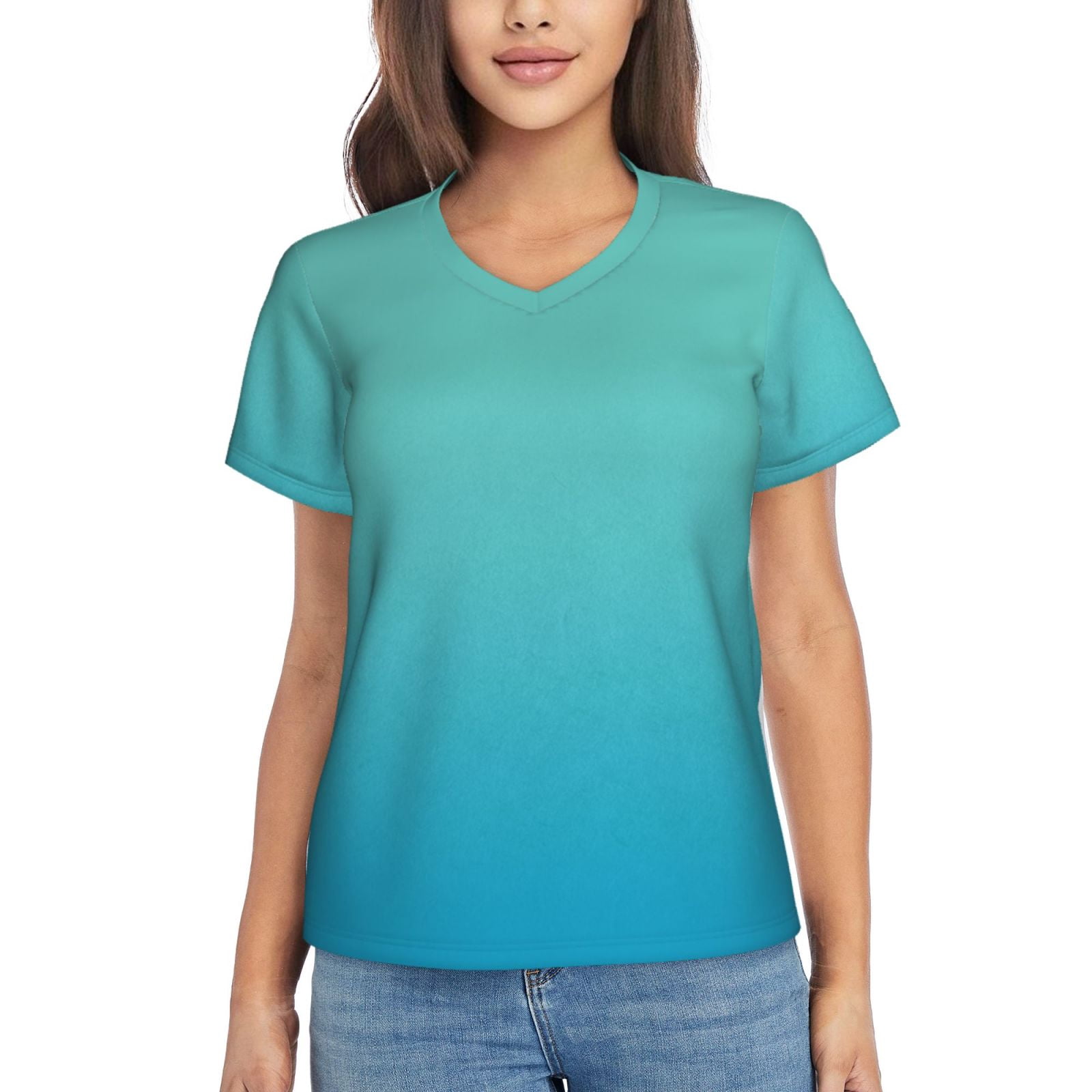 Fuzoiu Teal Turquoise Print Women's Classic V-Neck T-Shirt, Short ...