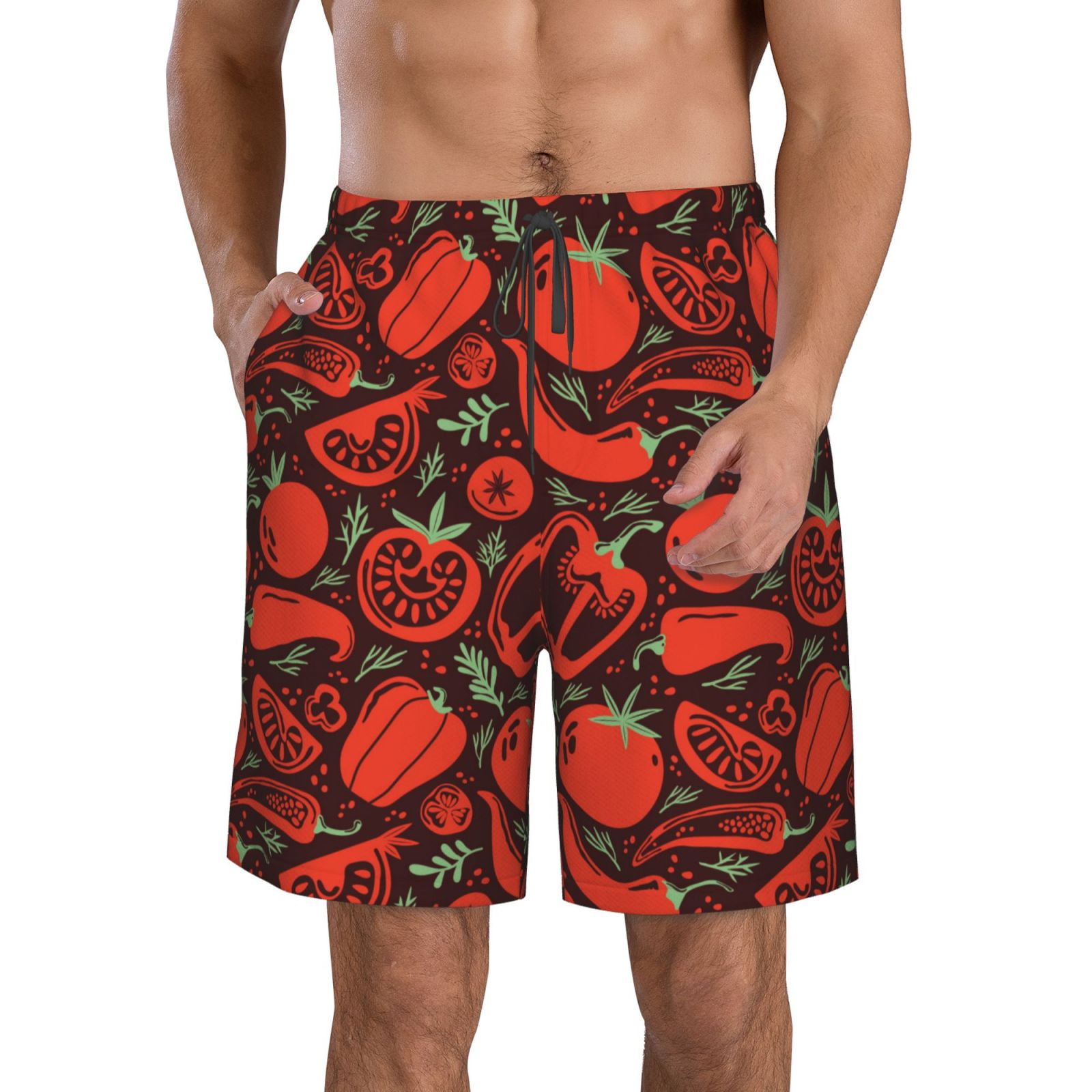 Fuzoiu Tomatoes And Chili Print Men's Beach Shorts,Men's Swim Trunks ...