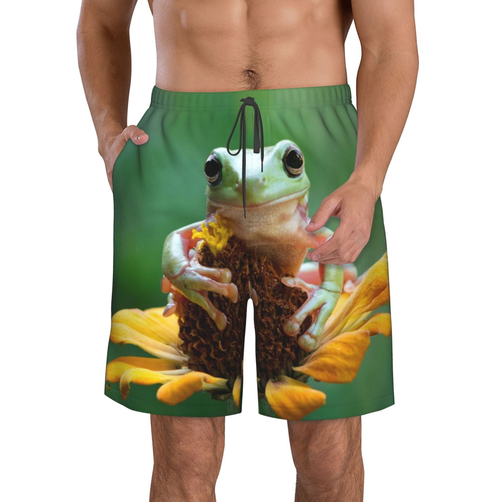 Fuzoiu Tree Frog Sitting On Sunflowes Print Men's Beach Shorts,Men's ...