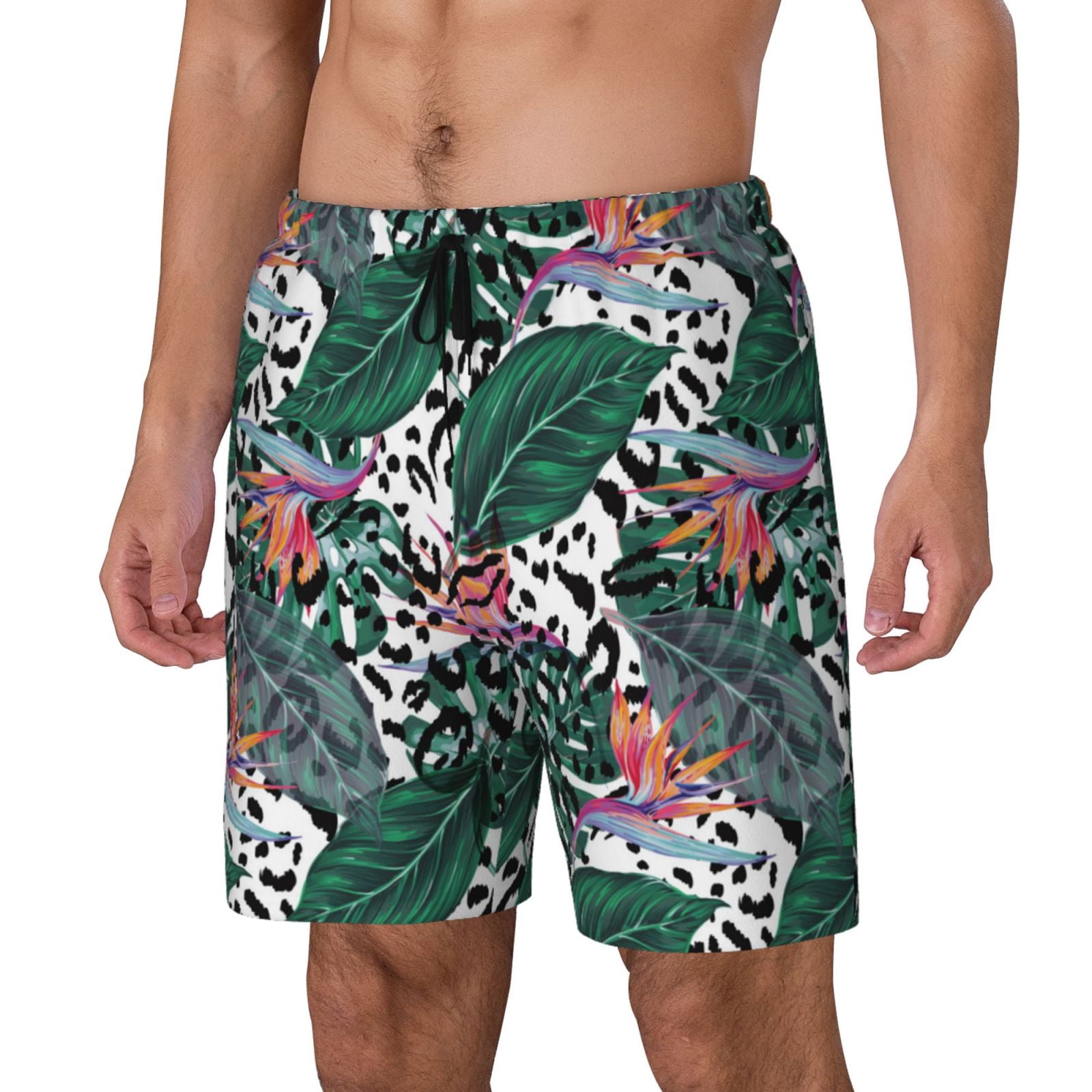Fuzoiu Tropical Leaves Print Men's Swim Shorts,Quick-Dry Double-Layer ...