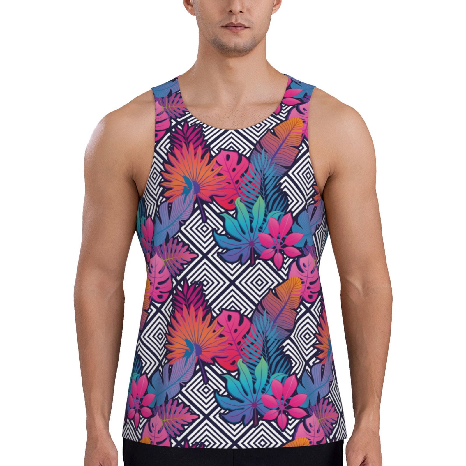 Fuzoiu Tropical Leaves Print Men's Workout Tank Tops,Sleeveless Gym ...