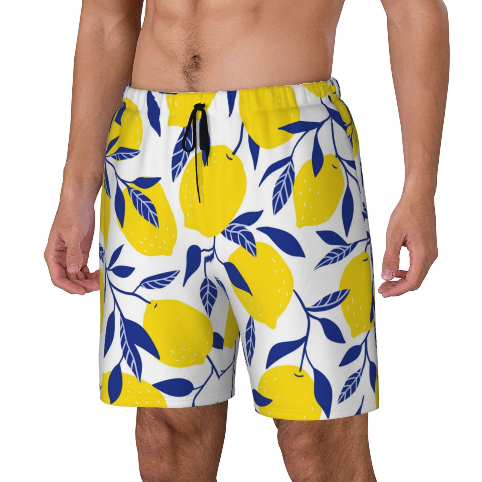 Fuzoiu Tropical Lemon Print Men's Swim Shorts,Quick-Dry Double-Layer ...