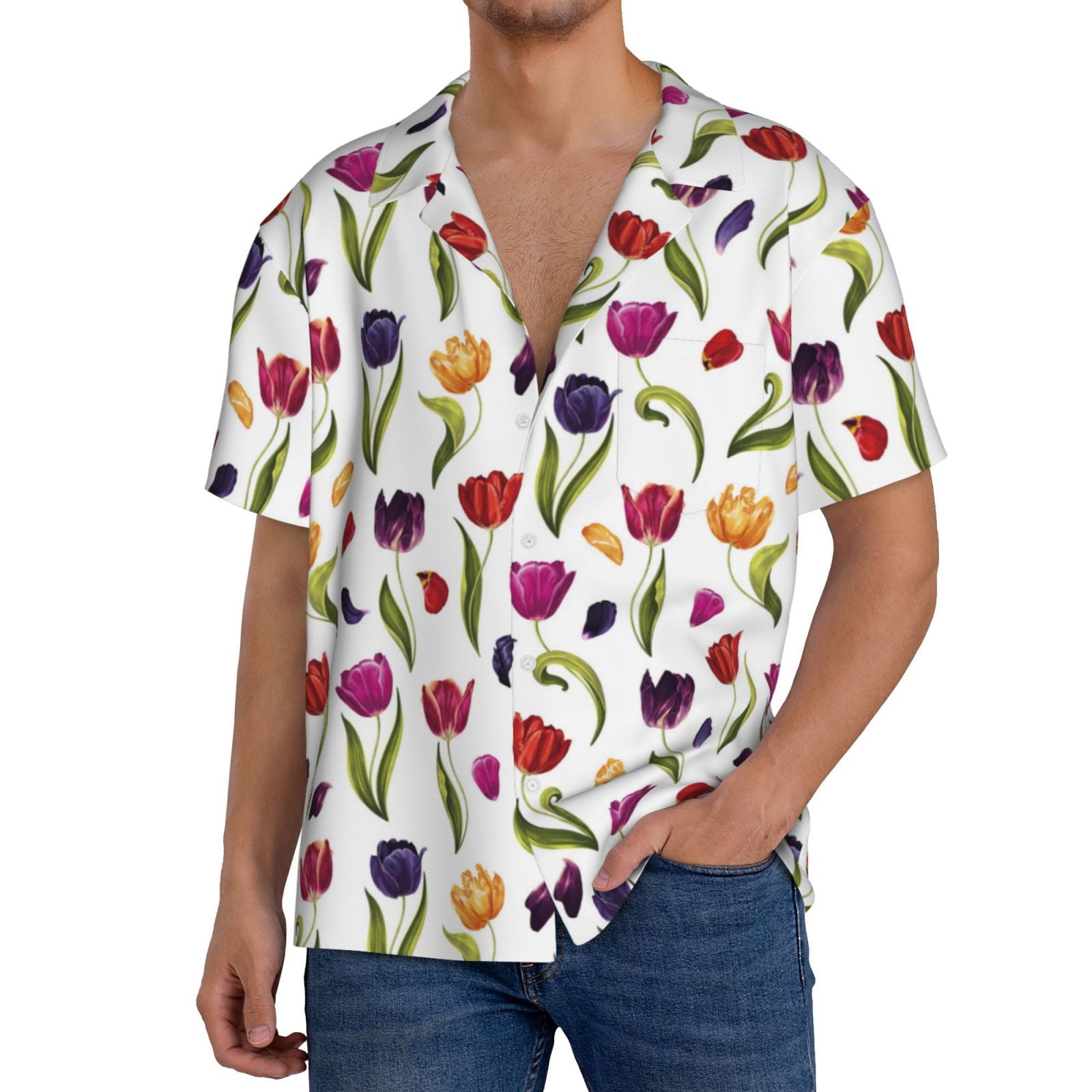 Fuzoiu Tulips Flowers Print Men's Casual Short,Men's Short Sleeve Shirt ...