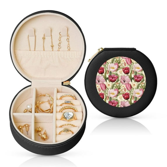 Fuzoiu Tulips Flowers Print Portable Jewelry Box,Round Mini Leather ...