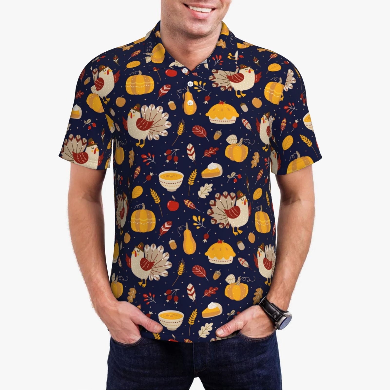 Fuzoiu Turkey And Autumn Print Men's Polo Shirts Short Sleeve,Golf ...