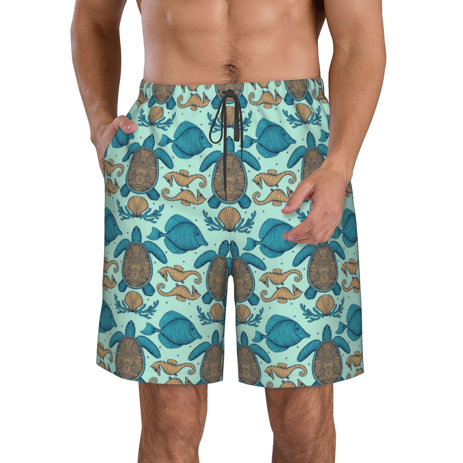 Fuzoiu Turtles And Seahorses Print Men's Beach Shorts,Men's Swim Trunks ...