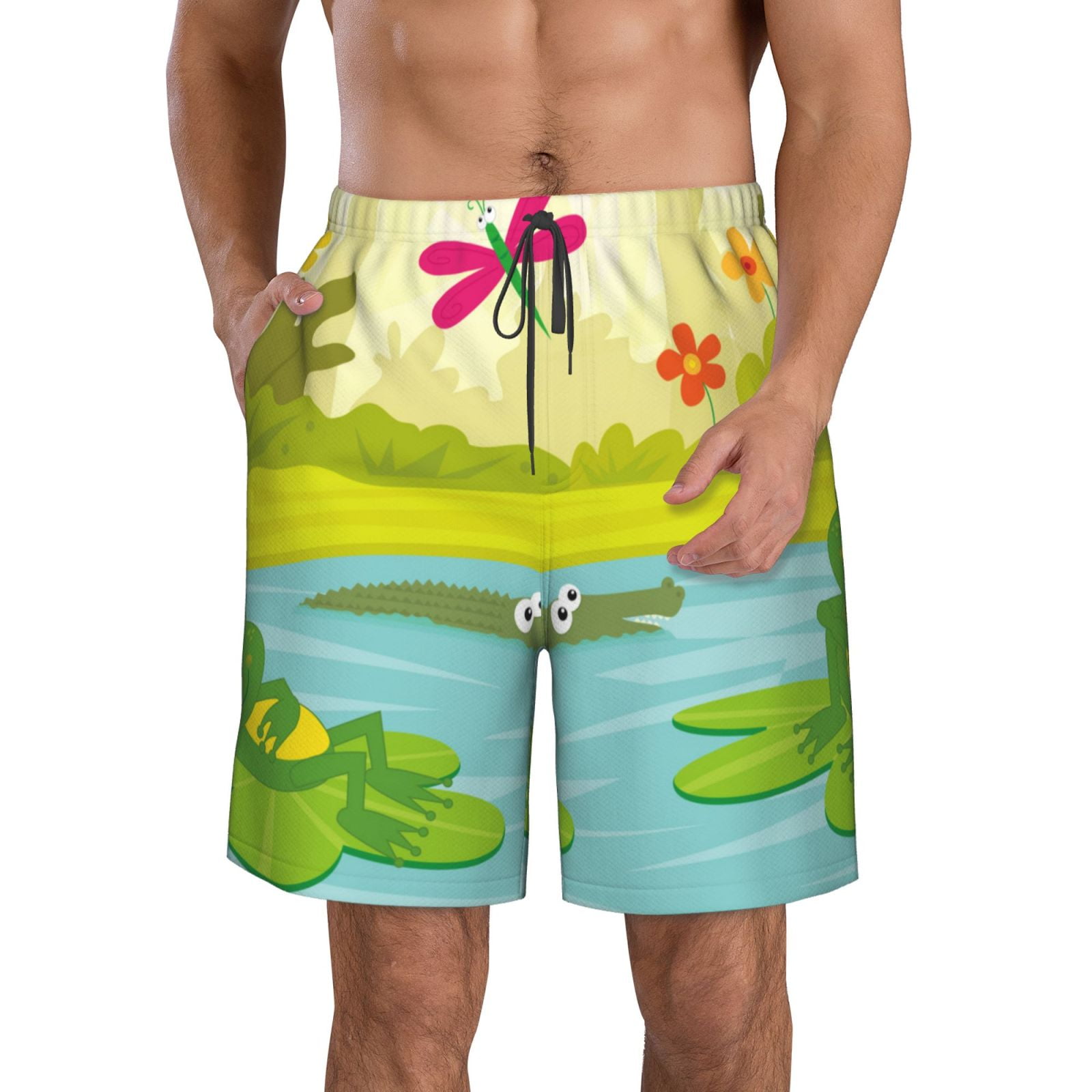 Fuzoiu Two Frogs Are Sitting On Water Lilies Print Men's Beach Shorts ...