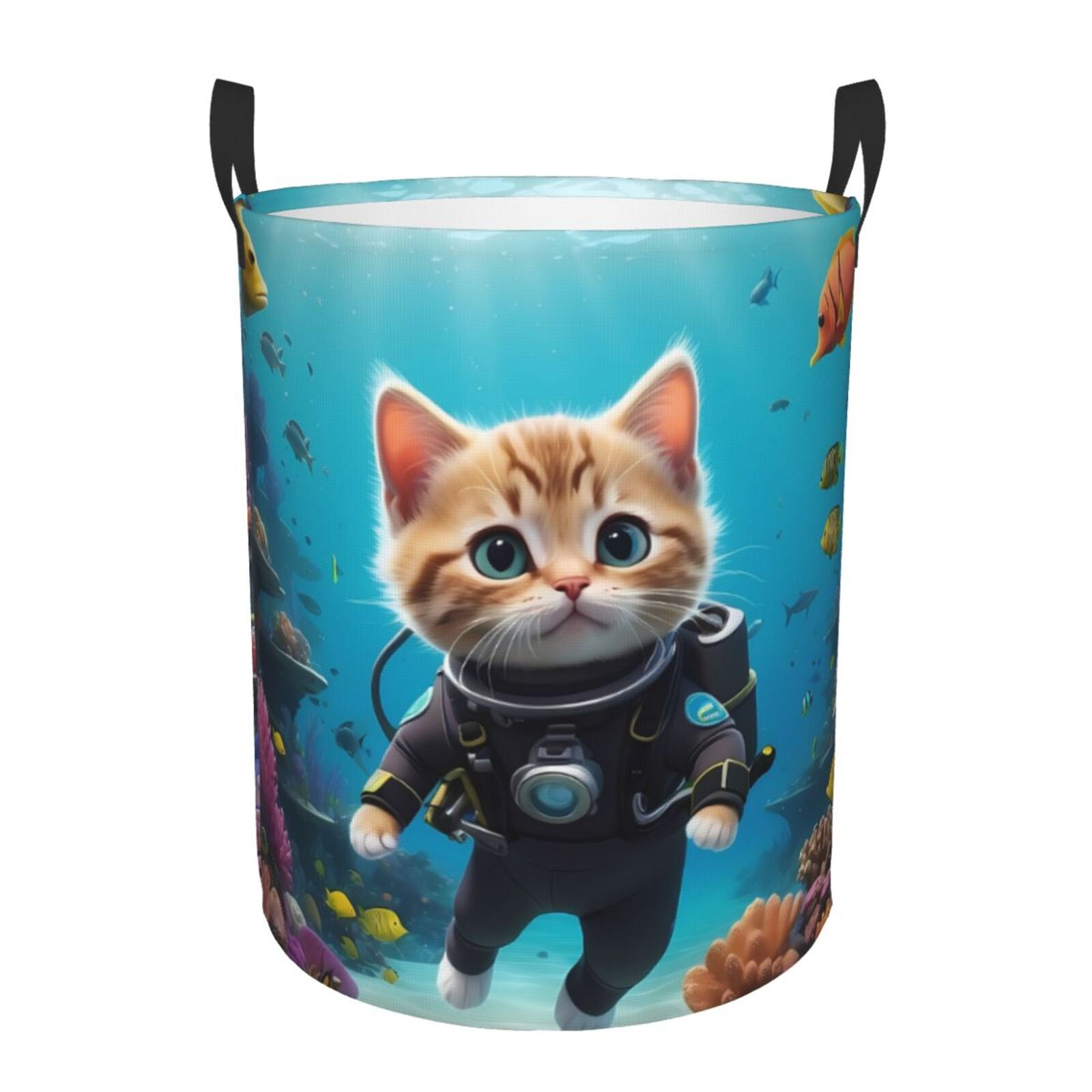Fuzoiu Underwater Diving Cat Print Circular Hamper,Laundry Basket with ...