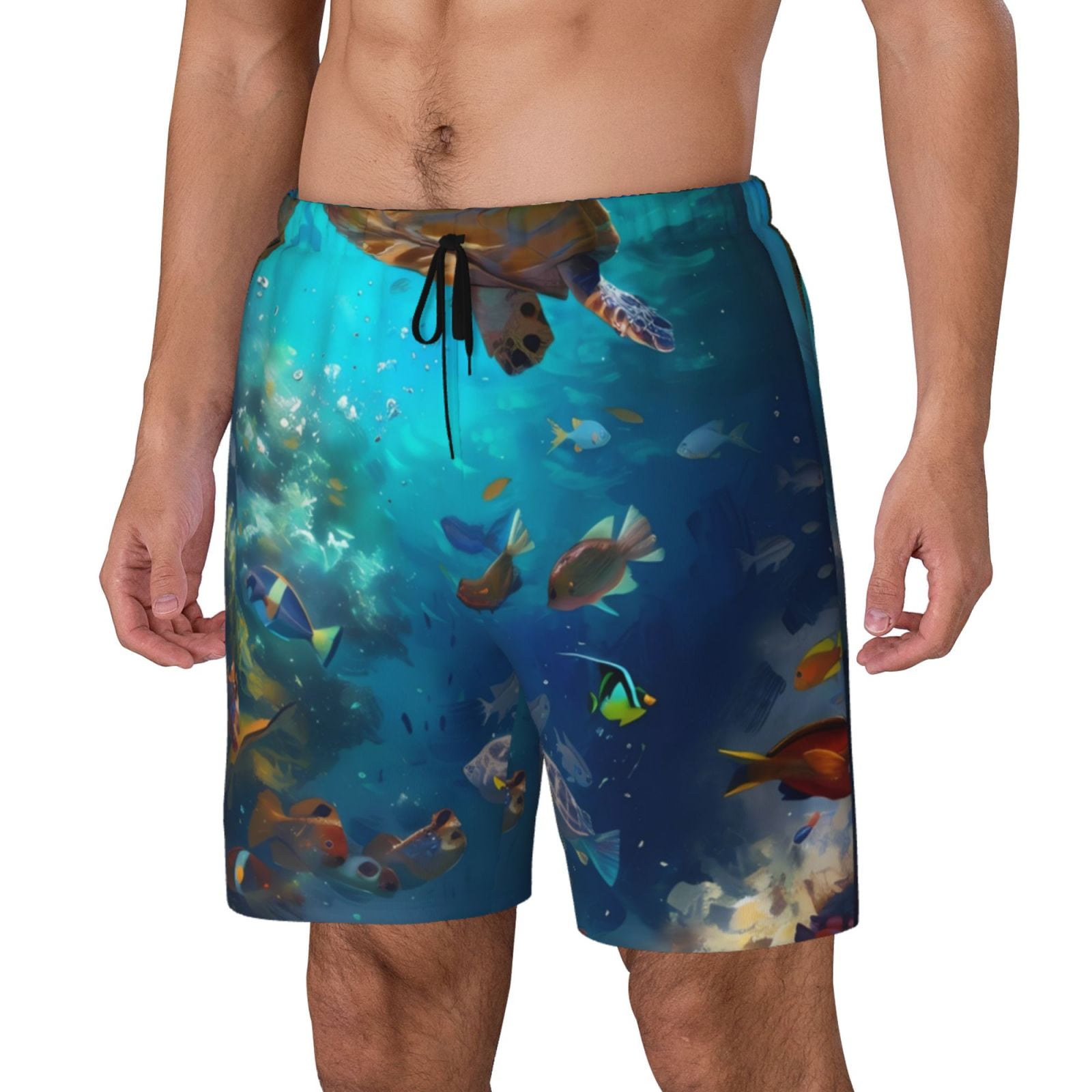Fuzoiu Underwater Fish Turtle Print Men's Swim Shorts,Quick-Dry Double ...