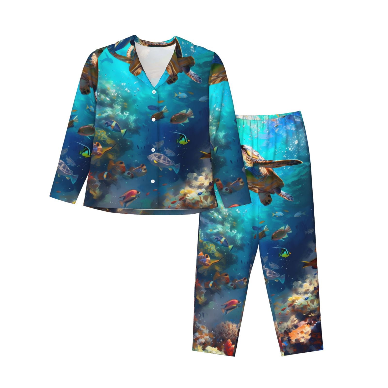 Fuzoiu Underwater Fish Turtle Print Women's Long-Sleeved Pajama,Lounge ...