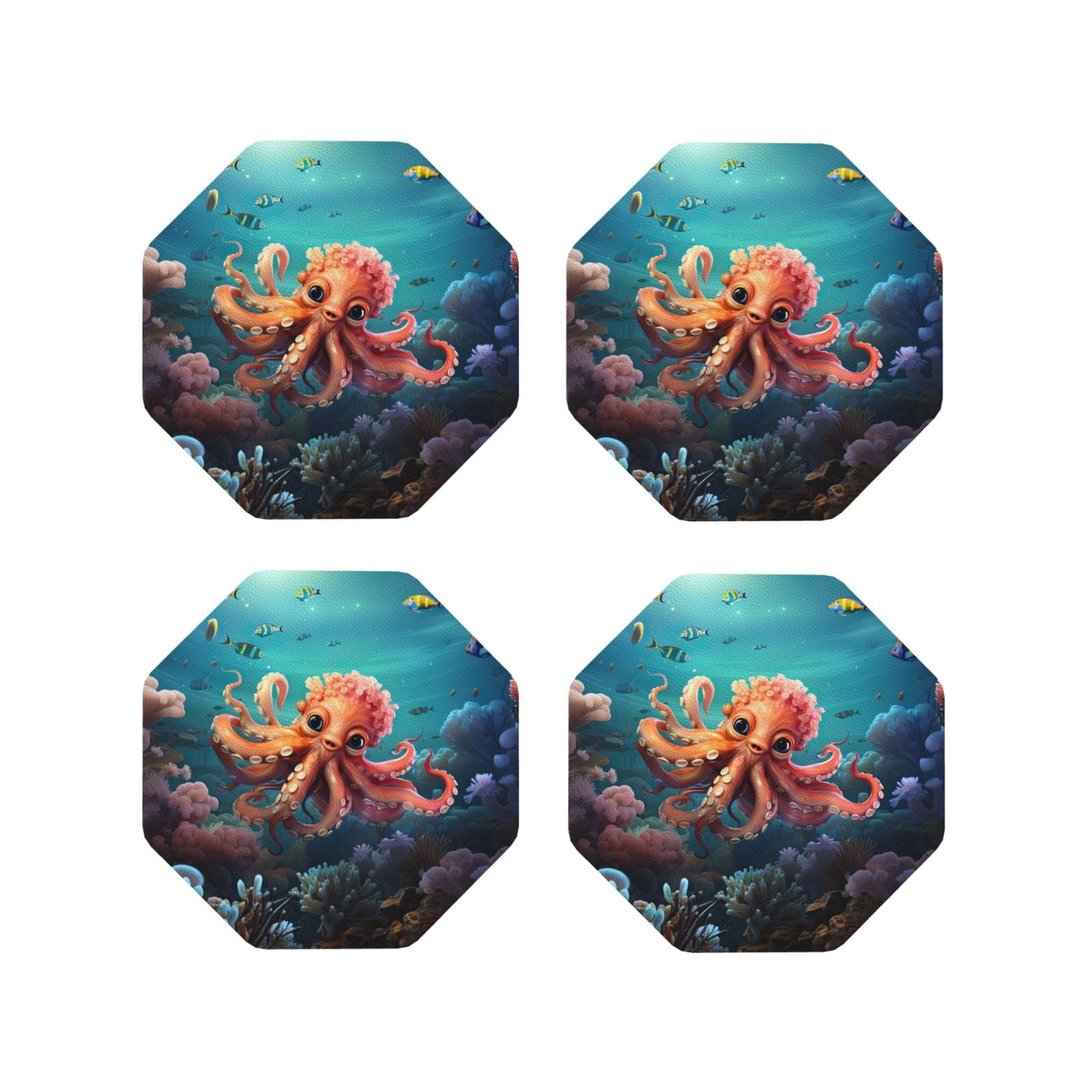 Fuzoiu Underwater Plant Octopus Print Leather Coasters Set,Drink ...