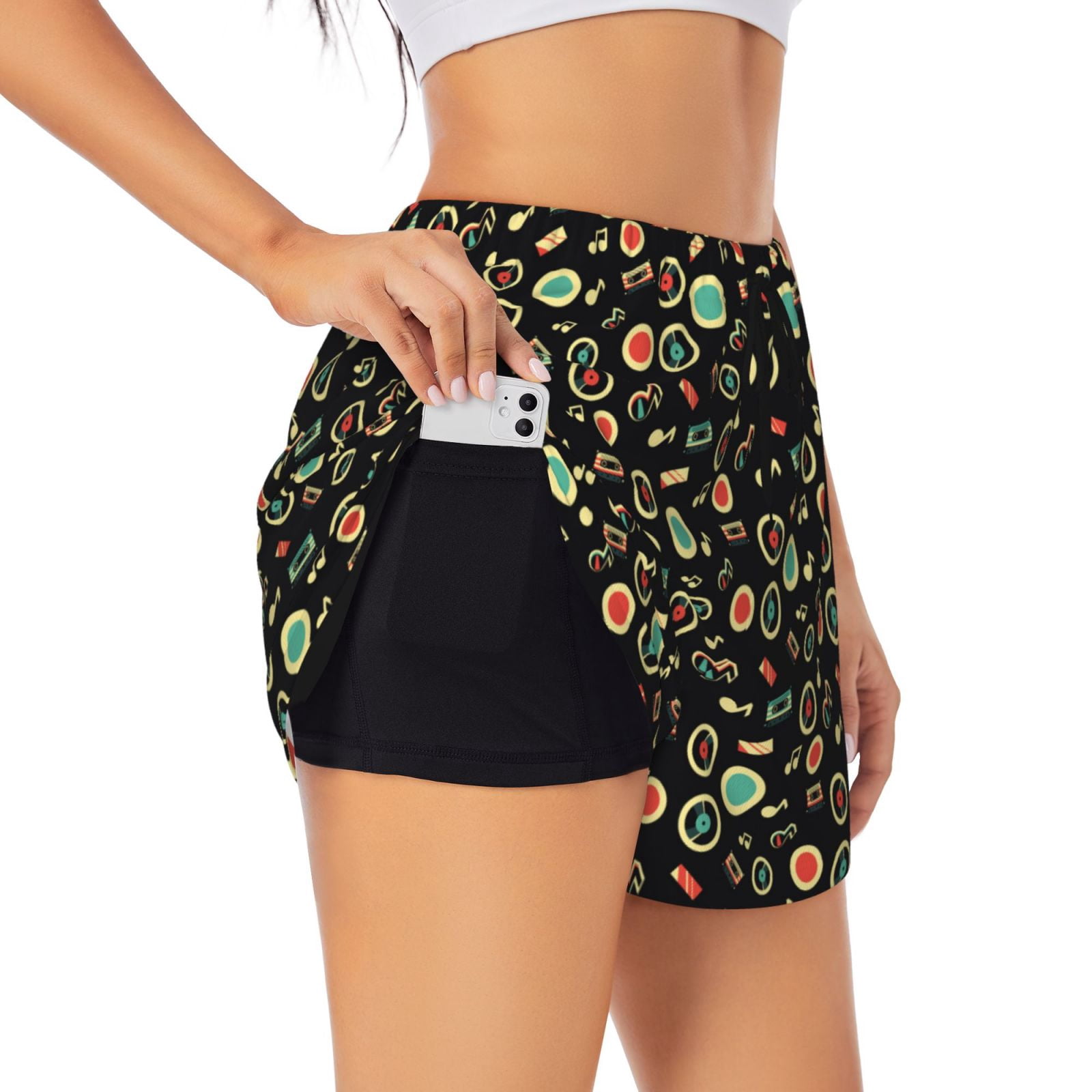 Fuzoiu Vector Retro Music Print Women's Athletic Shorts, Double-Layer ...