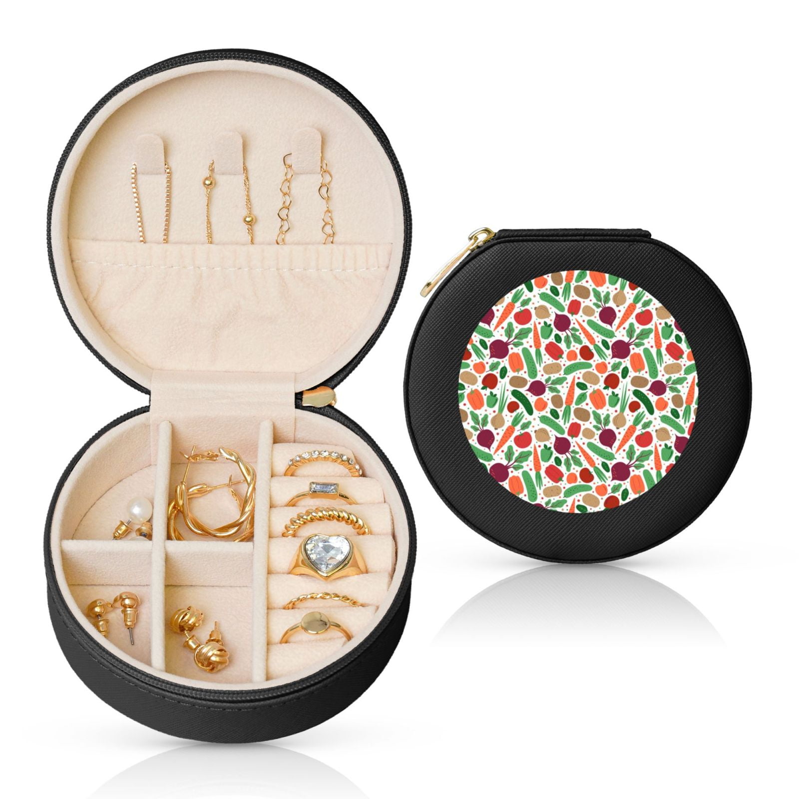 Fuzoiu Vegetables Print Portable Jewelry Box,Round Mini Leather Travel ...