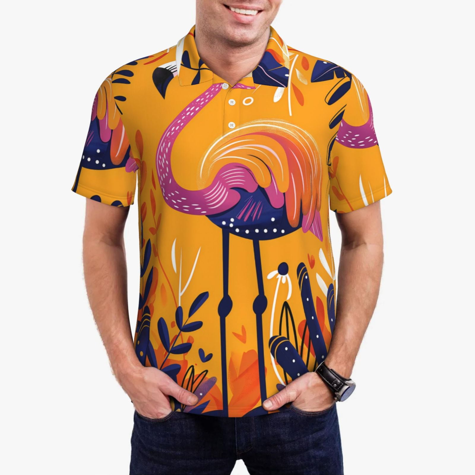 Fuzoiu Vibrant Flamingo Illustration Print Men's Polo Shirts Short ...