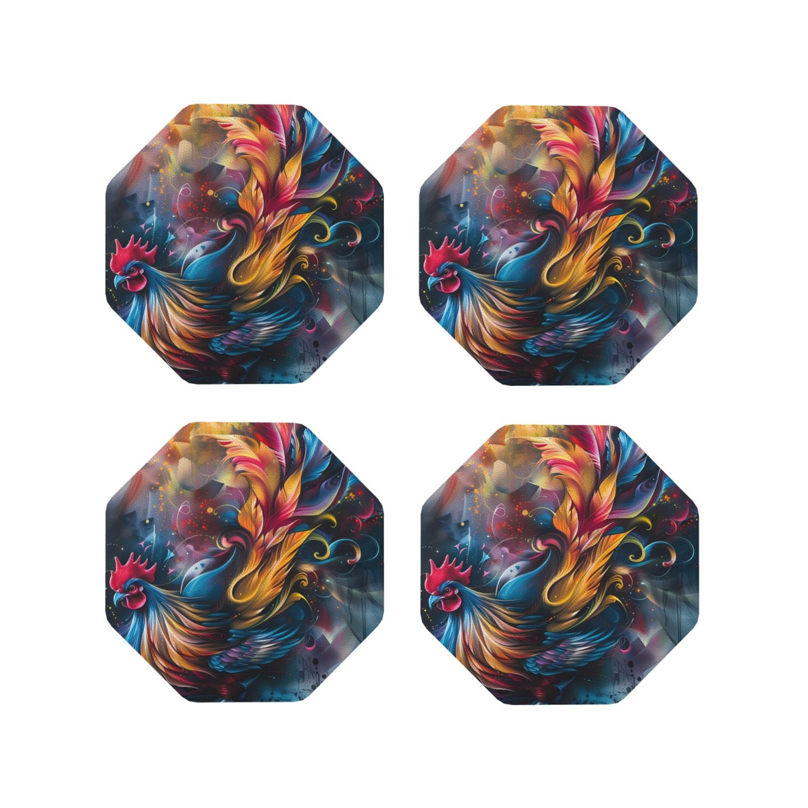 Fuzoiu Vibrant Rooster Painting Print Leather Coasters Set,Drink ...