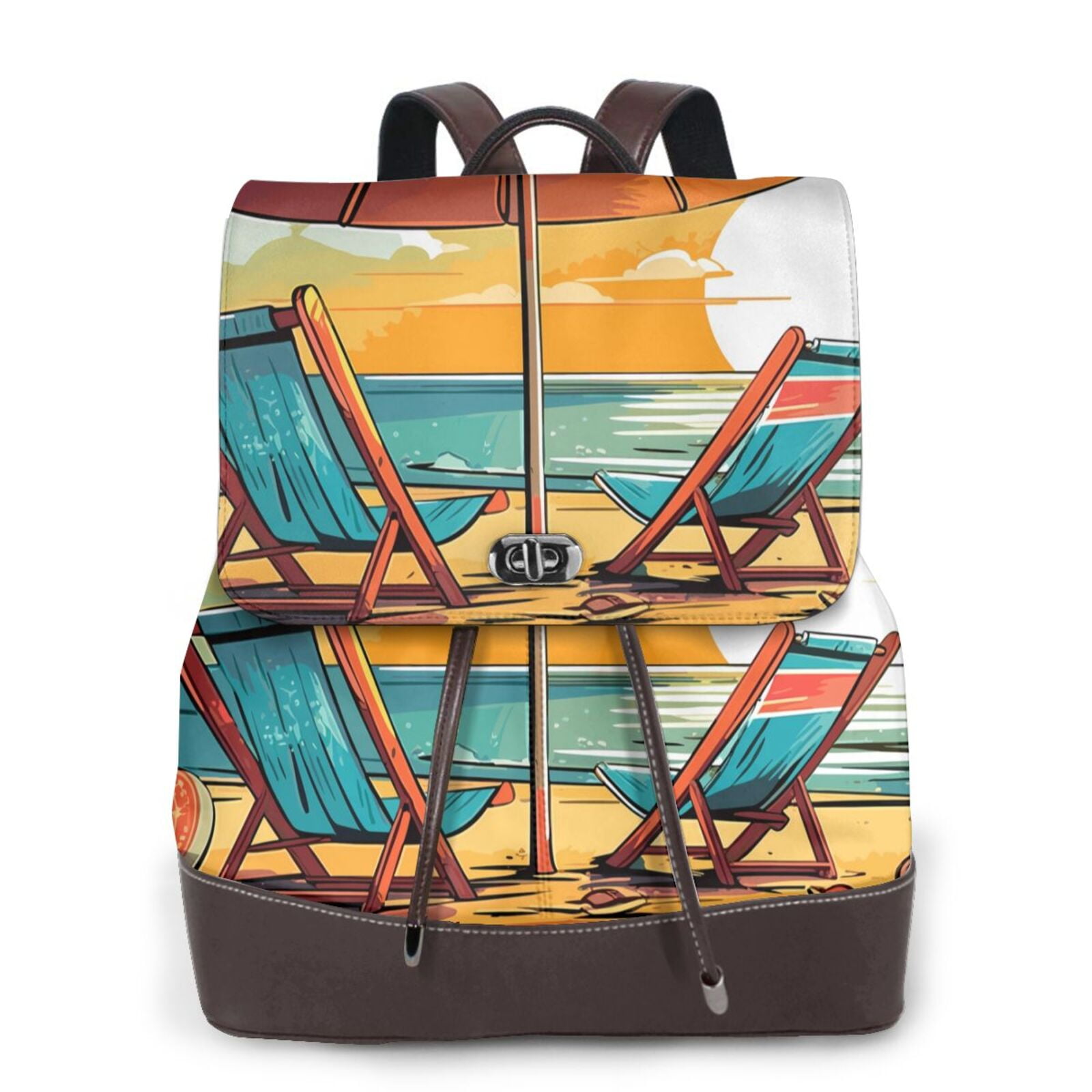 Fuzoiu Vintage Beach Sunset Print Women's Leather Backpack,Backpack in ...