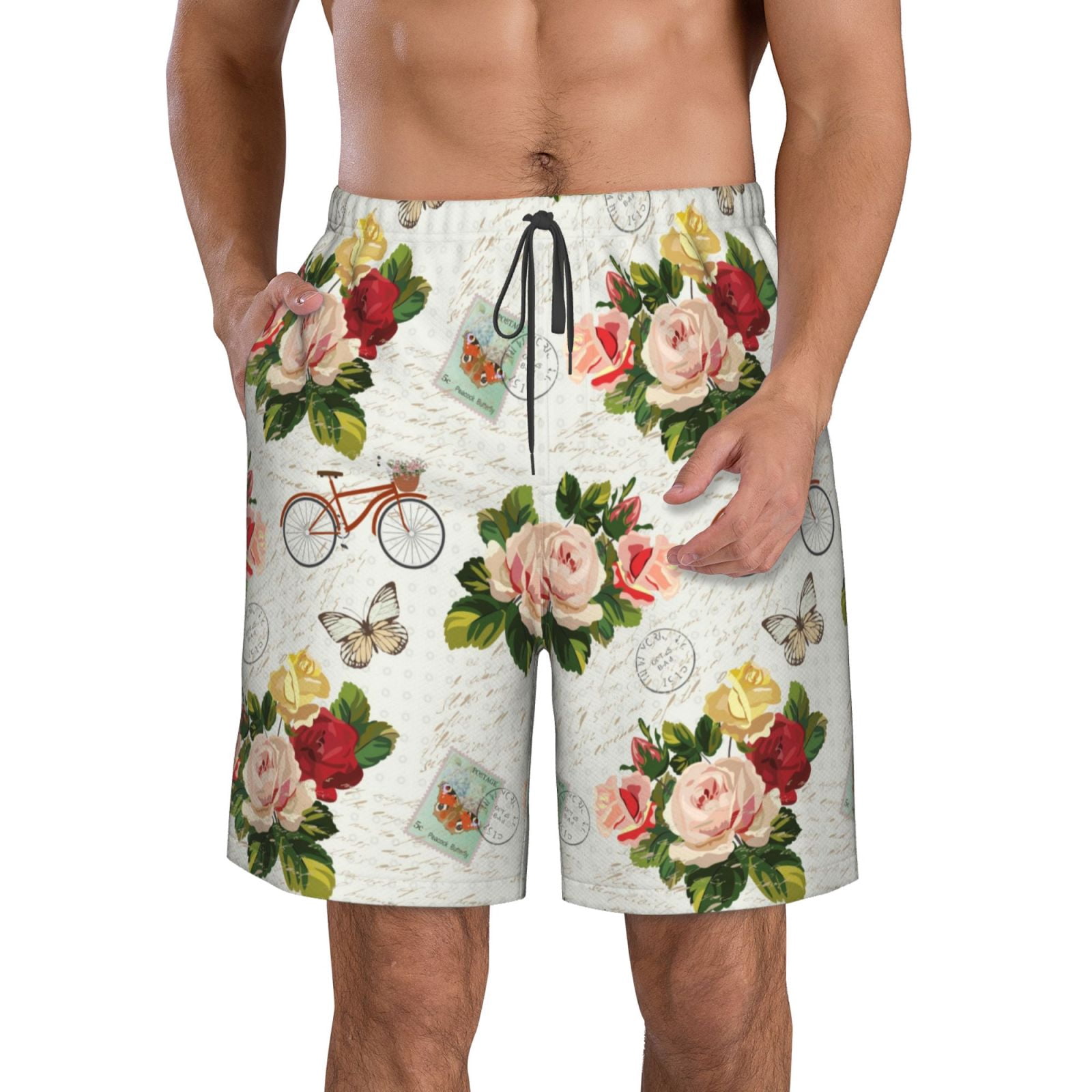Fuzoiu Vintage Bike Flower Butterfly Print Men's Beach Shorts,Men's ...