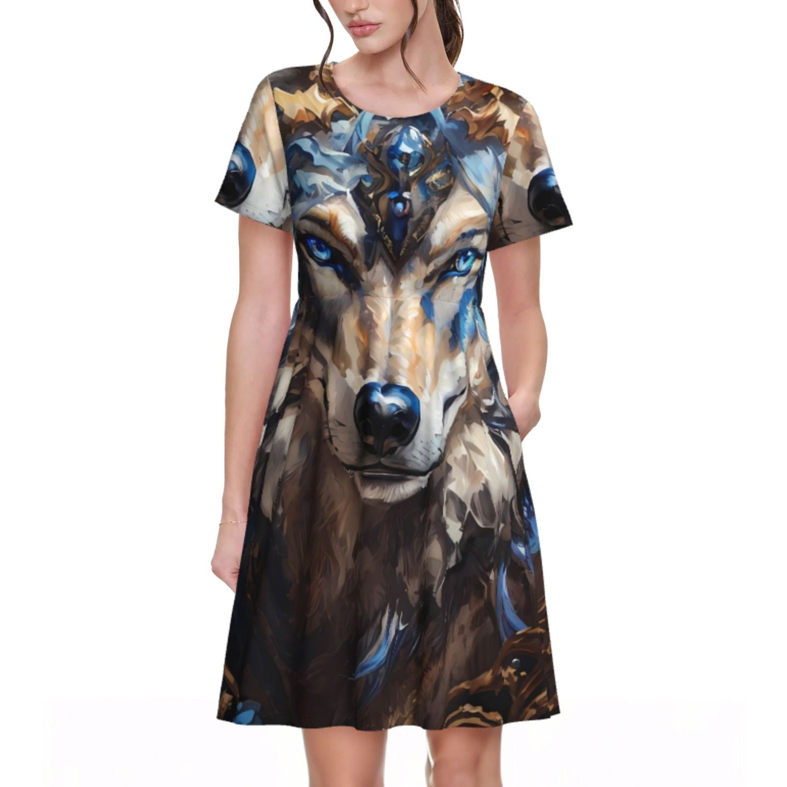 Fuzoiu Vintage Blue Floral Wolf Print Womens Summer Trendy Short Sleeve ...