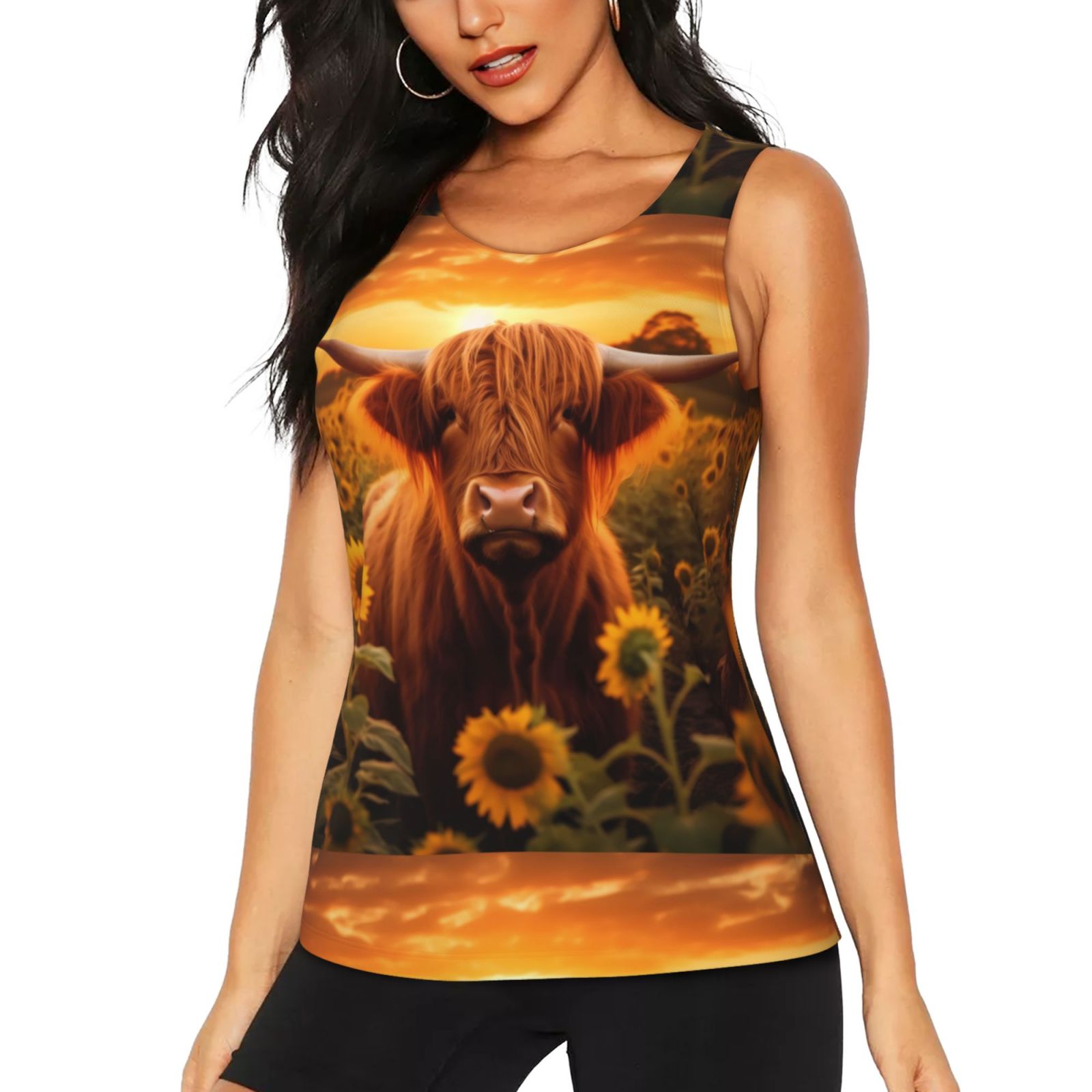 Fuzoiu Vintage Sunflower Cow B Print Women's Workout Tank Top,Athletic ...