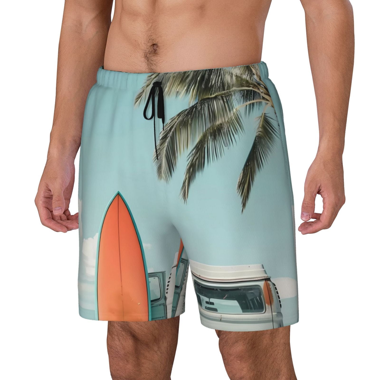 Fuzoiu Vintage Surf Van Beach Print Men's Swim Shorts,Quick-Dry Double ...