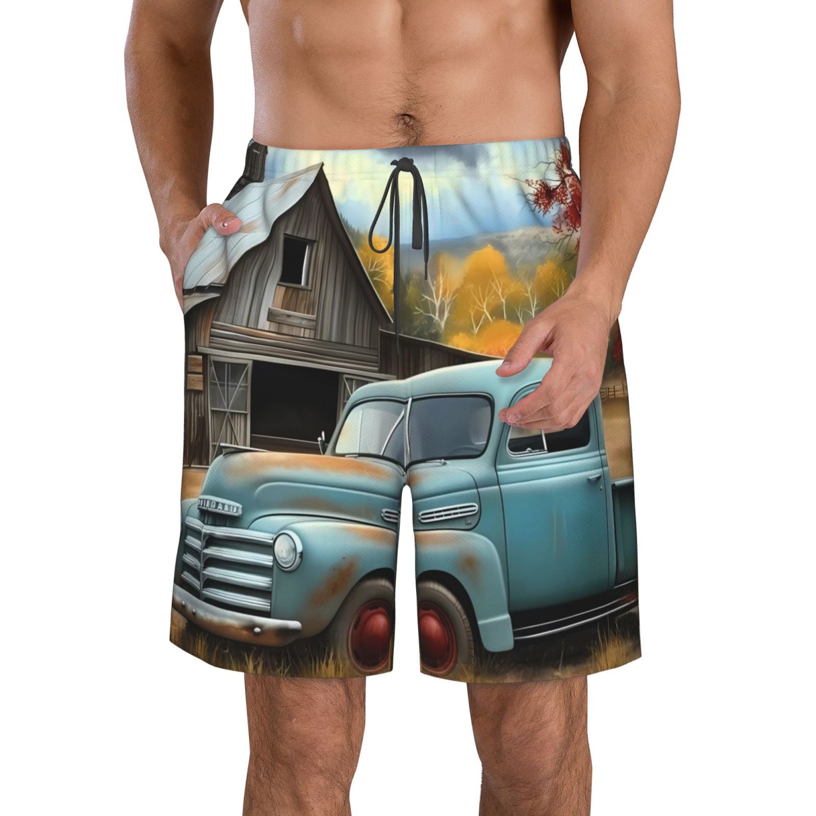 Fuzoiu Vintage Truck Farm Scene Print Men's Beach Shorts,Men's Swim ...