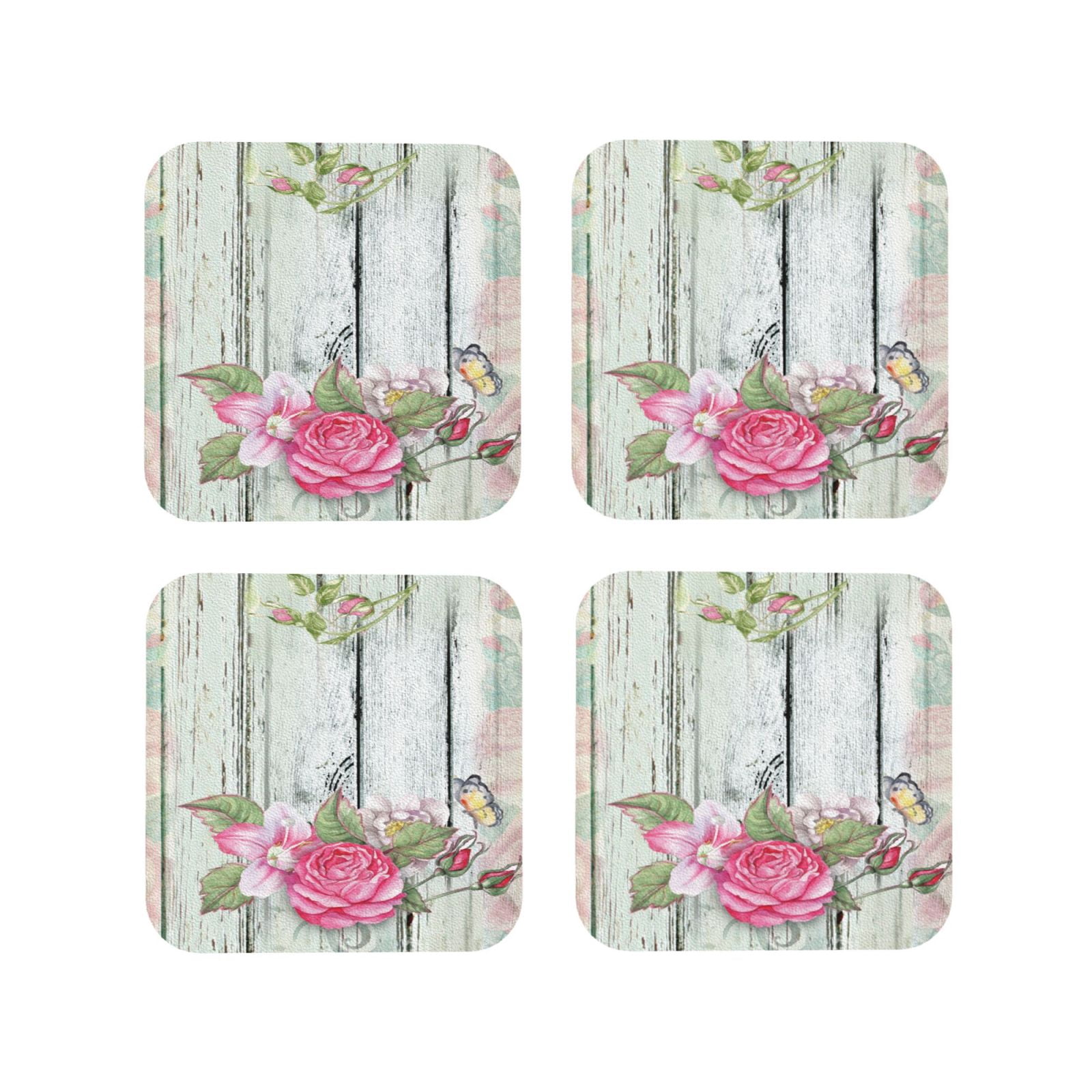 Fuzoiu Vintage Wood with Floral Print Leather Coasters Set,Drink ...