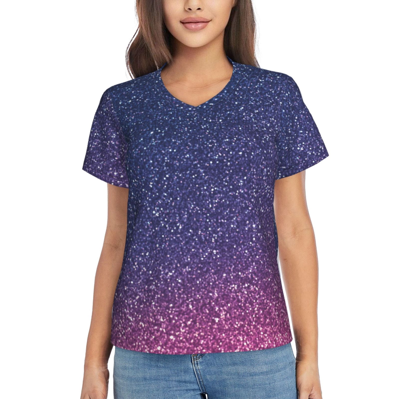 Fuzoiu Violet Glitter Print Women's Classic V-Neck T-Shirt, Short ...