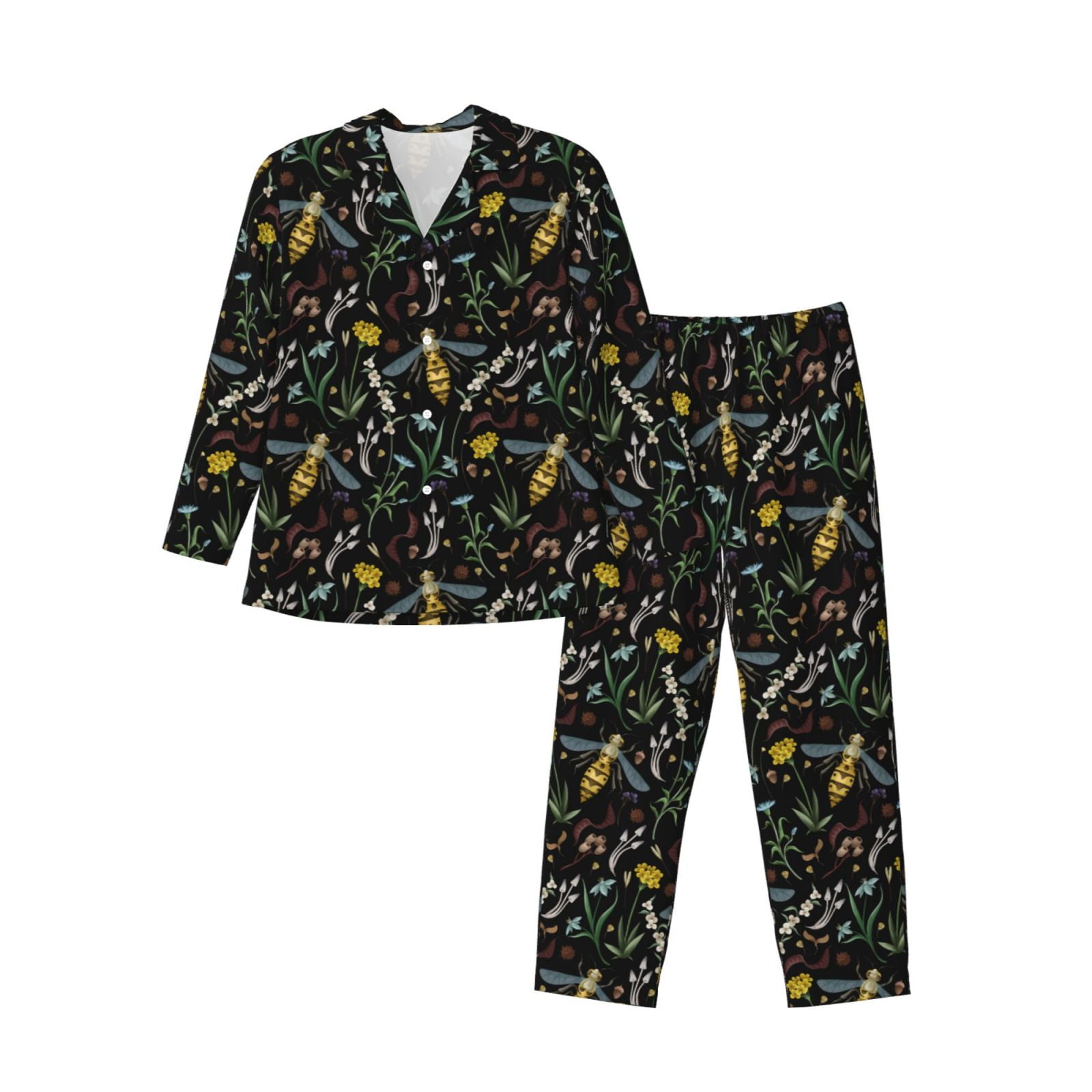 Fuzoiu Wasp and Florals Print Men's Long-Sleeved Pajama,Lounge Button ...