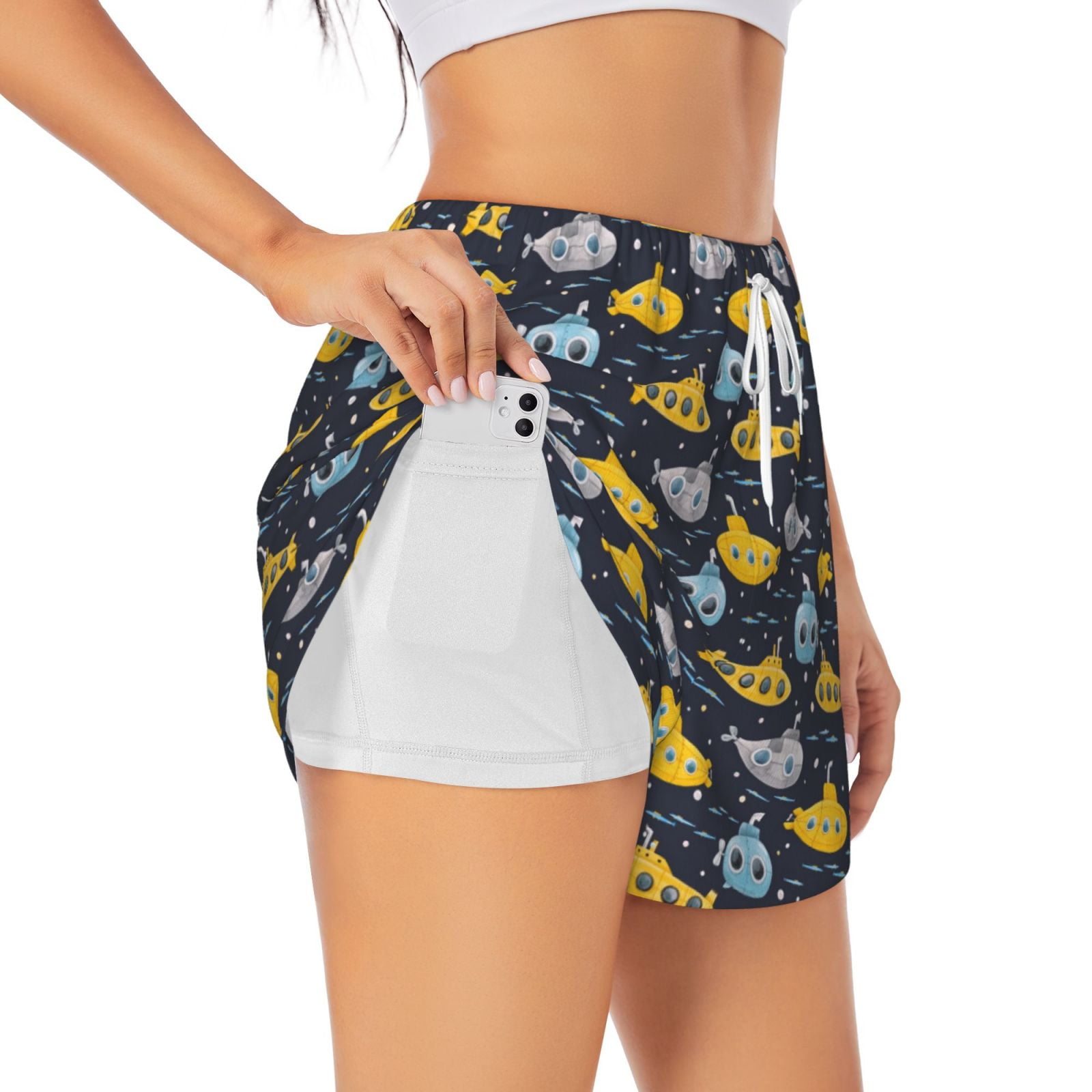 Fuzoiu Watercolor Bathyscaphe Print Women's Athletic Shorts, Double ...