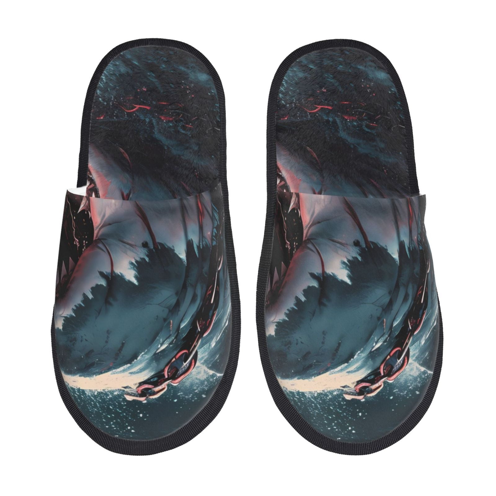 Fuzoiu Wave Chain Shark Print Unisex Furry Slippers,Plush Indoor Shoes ...