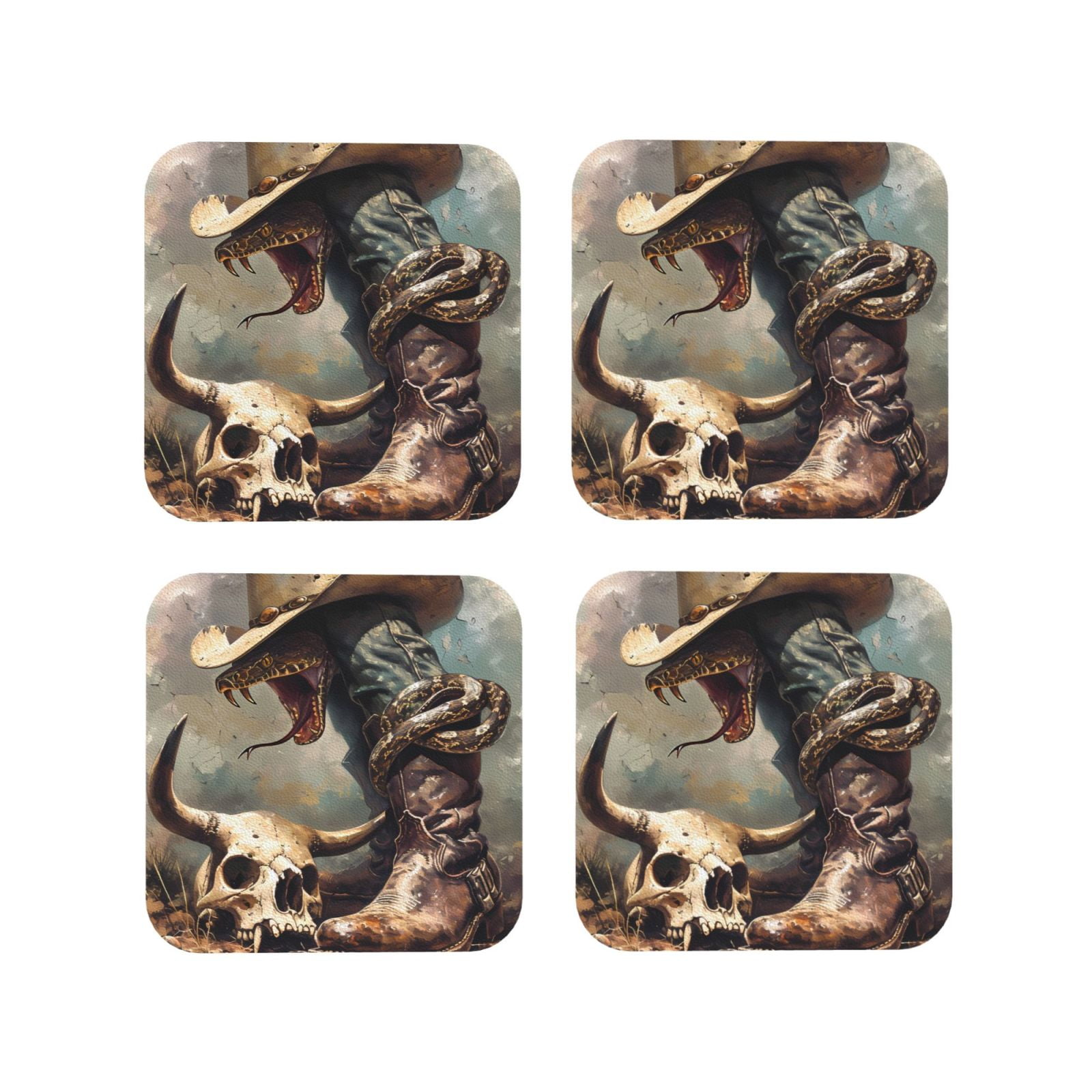 Fuzoiu Western Cowboy Snake Ram Skull Print Leather Coasters Set,Drink ...
