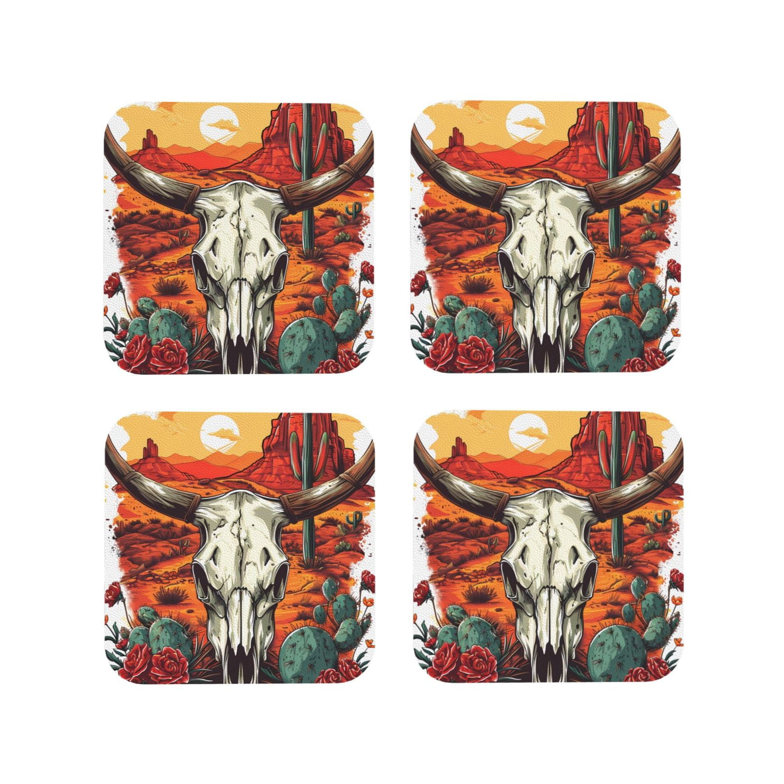 Fuzoiu Western Desert Cactus Ram Skull Print Leather Coasters Set,Drink ...