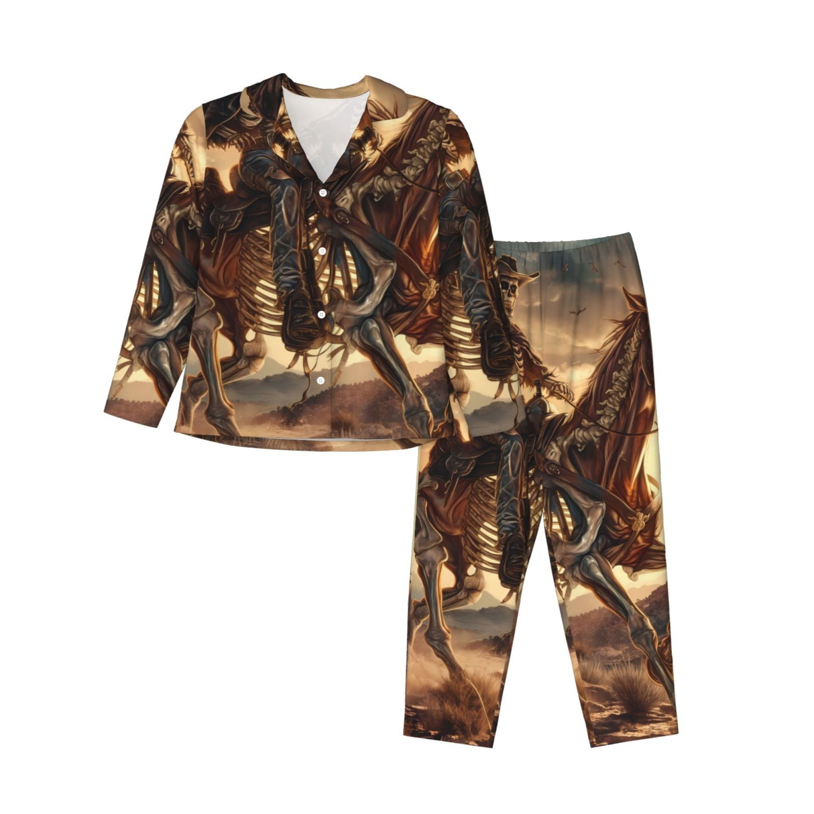 Fuzoiu Western Skeleton Cowboy Horse Print Women's Long-Sleeved Pajama ...
