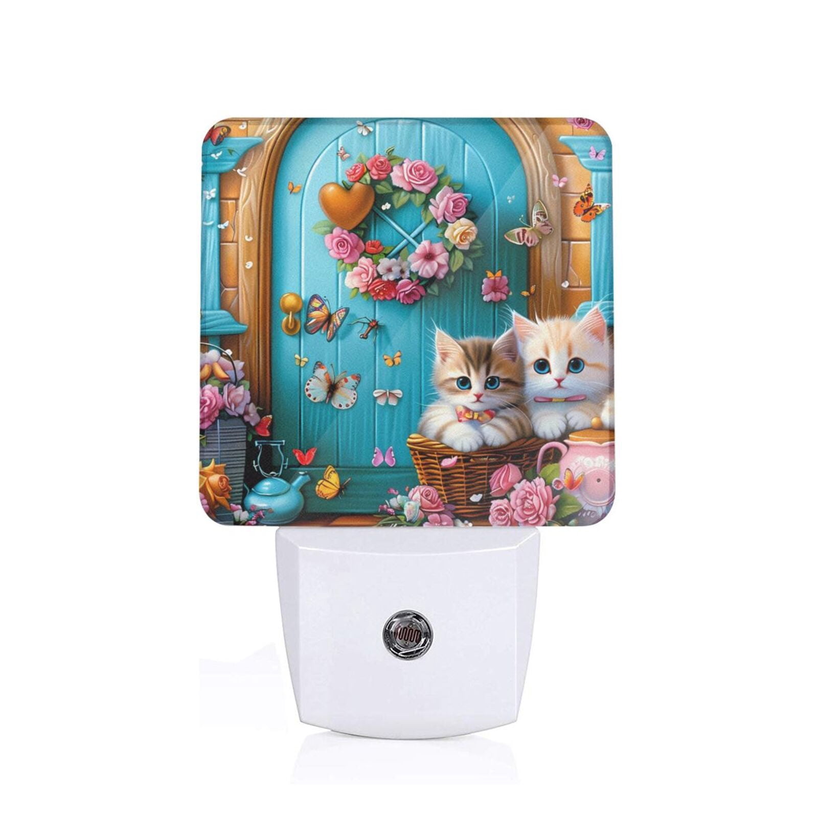 Fuzoiu Whimsical Cats and Flowers Scene Print Dusk to Dawn LED Night ...