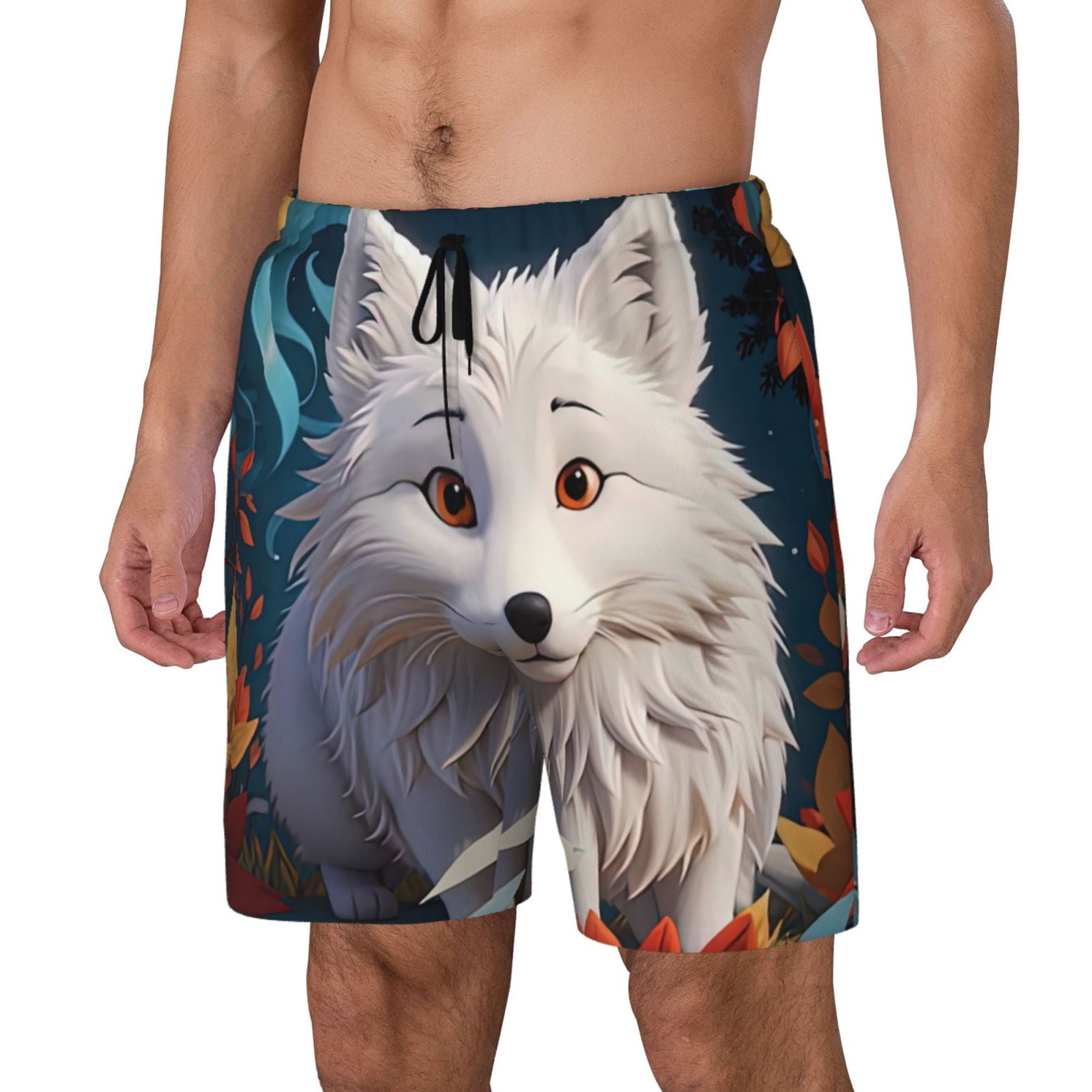 Fuzoiu White Wolf With Flowers Print Men's Swim Shorts,Quick-Dry Double ...