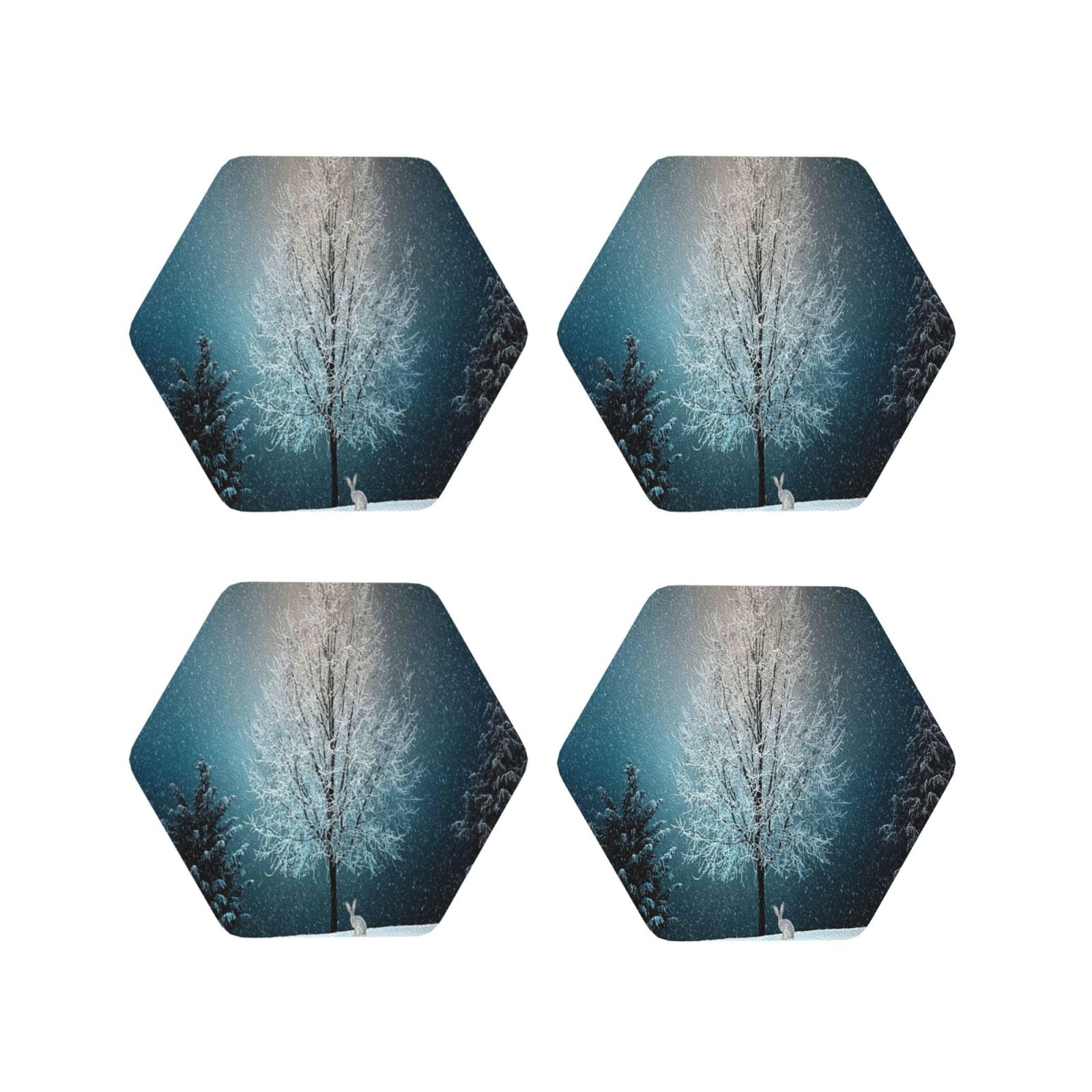 Fuzoiu Winter Rabbit Print Leather Coasters Set,Drink Coasters Set of 4 ...
