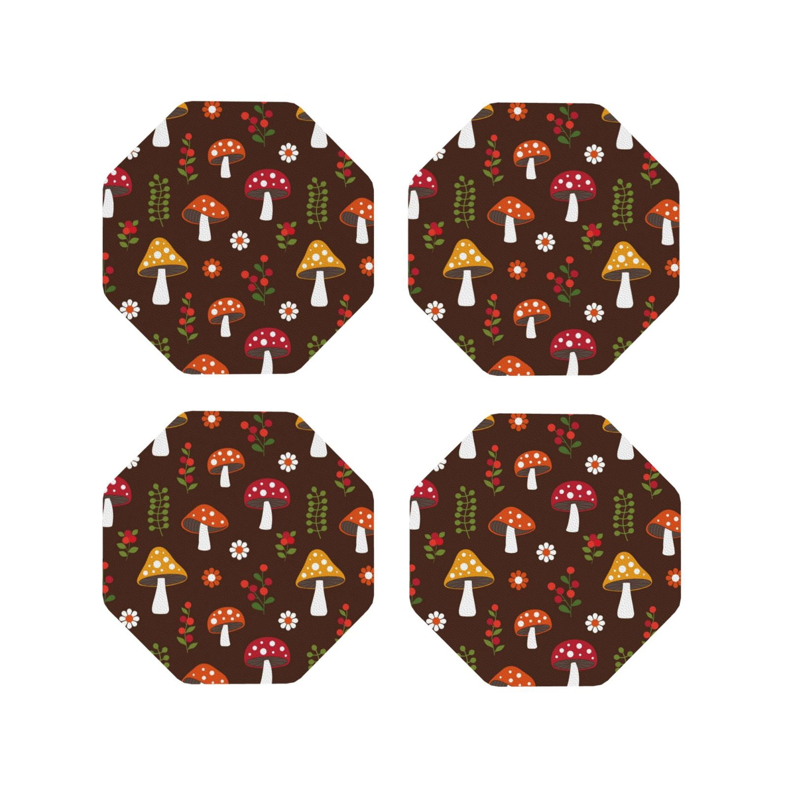 Fuzoiu Woodland Mushroom Print Leather Coasters Set,Drink Coasters Set ...
